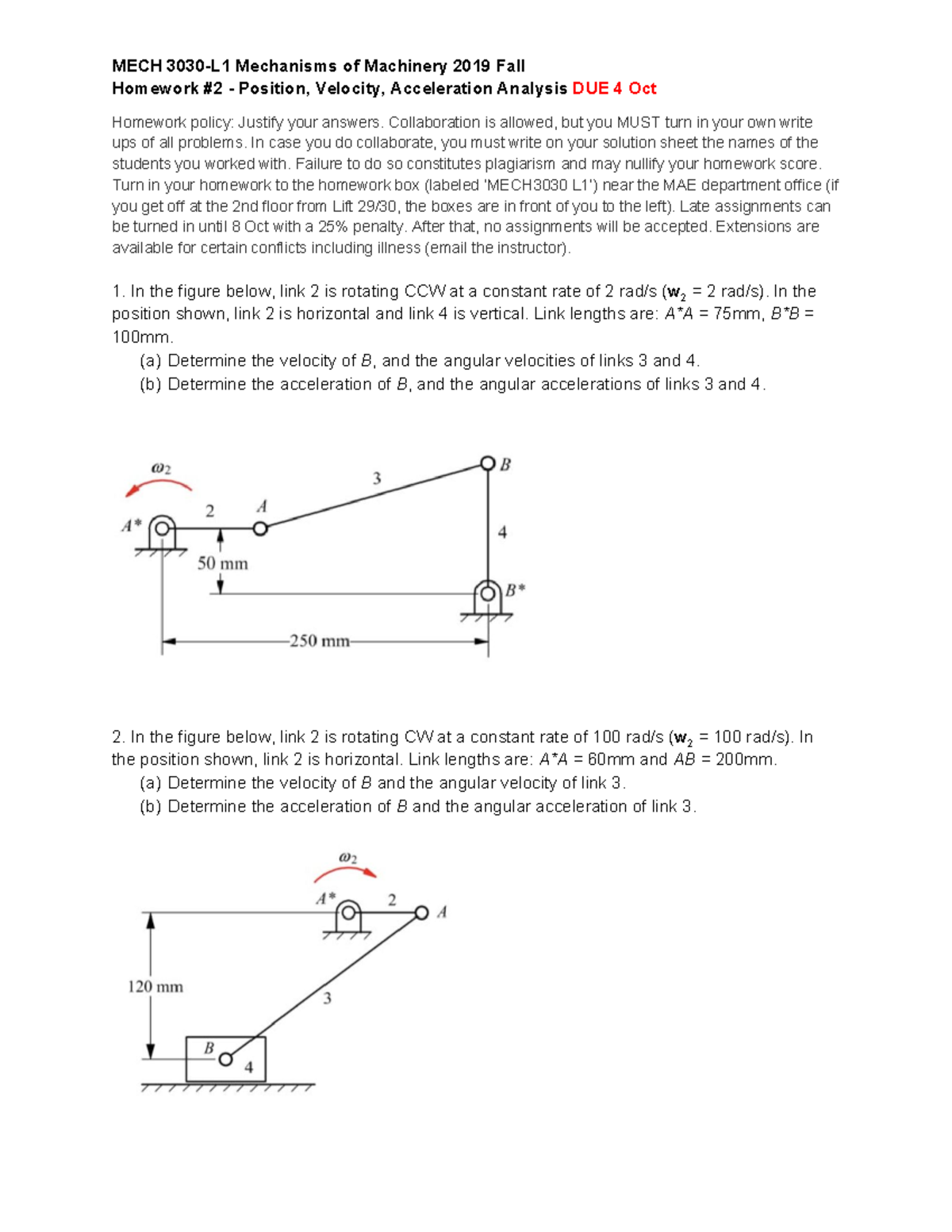 MECH3030 L1: Solutions for Homework 2 - Position, Velocity, Acceleration Analysis - Studocu