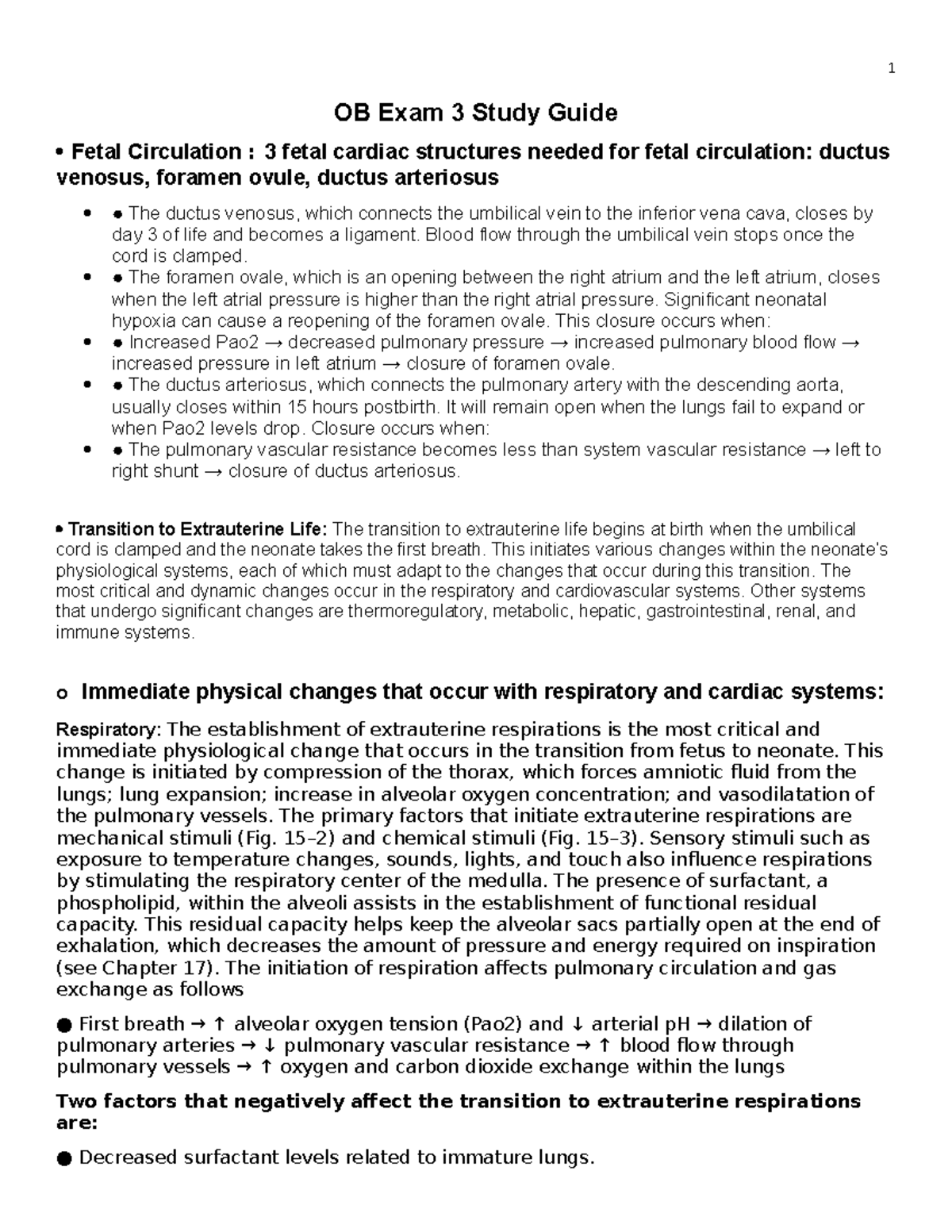 OB Exam 4 SG - OB study guide - OB Exam 3 Study Guide Fetal Circulation ...