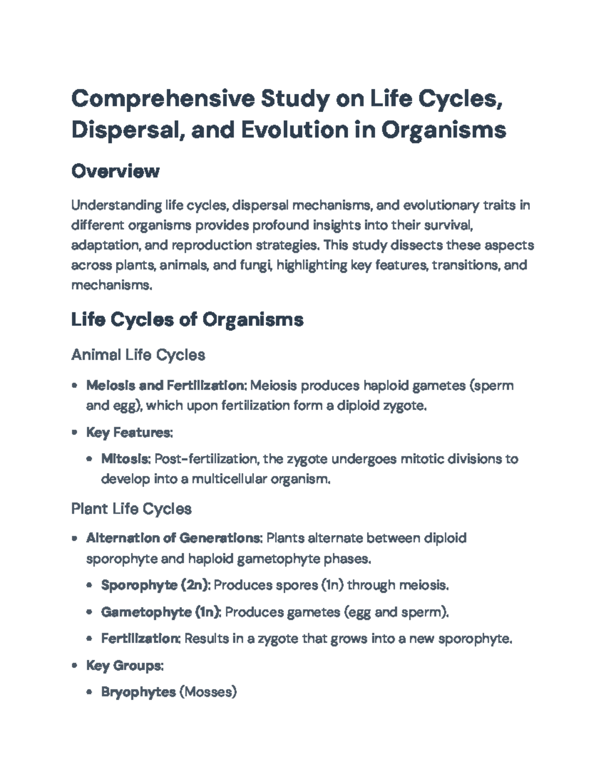 Comprehensive Study on Life Cycles, Dispersal, and Evolution (BIO 101 ...