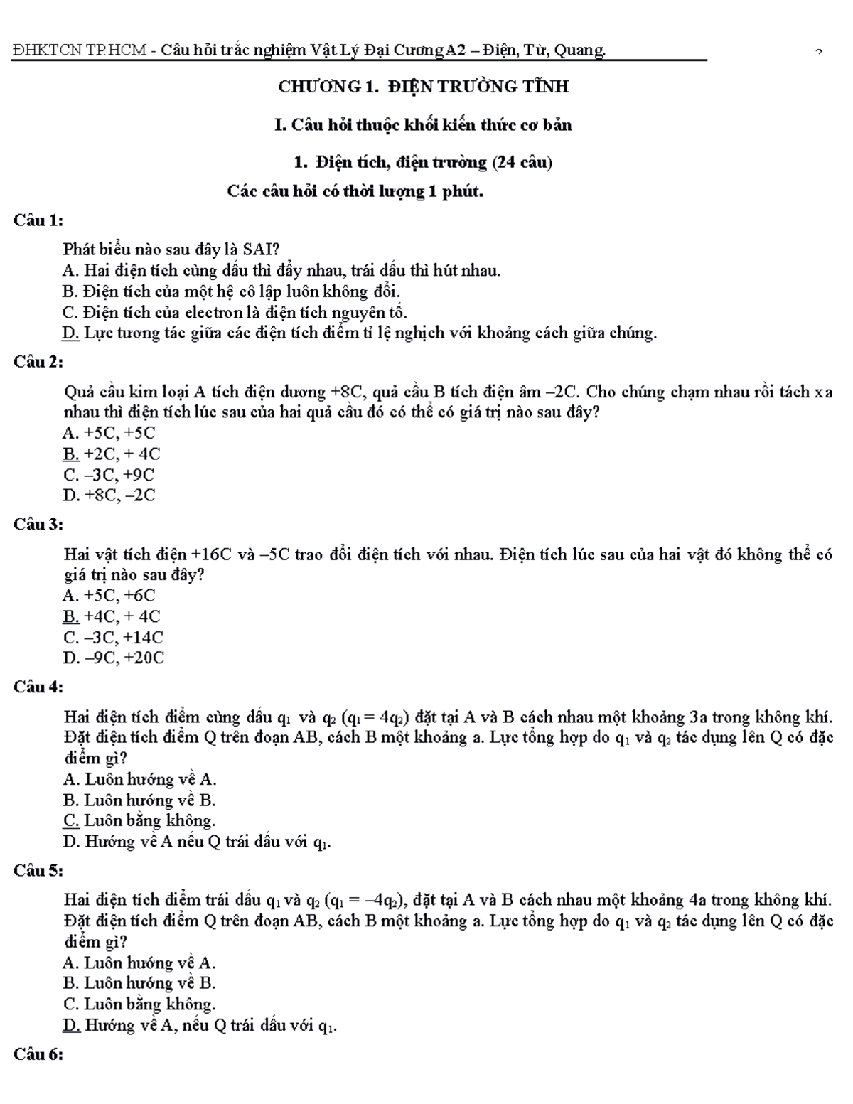 123doc vn cau hoi trac nghiem vat ly da - CHƯƠNG 1. ĐIỆN TRƯỜNG TĨNH I ...