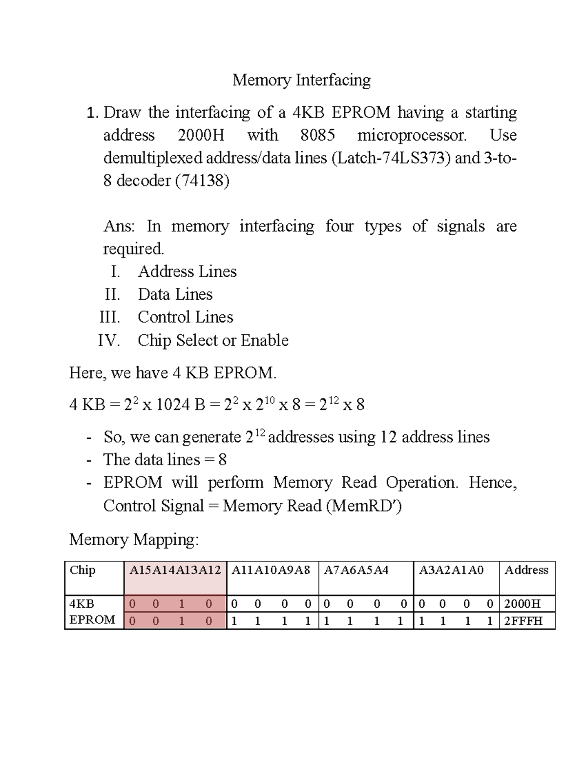 Memory Interfacing with 8085: EPROM and RAM Configurations - Studocu