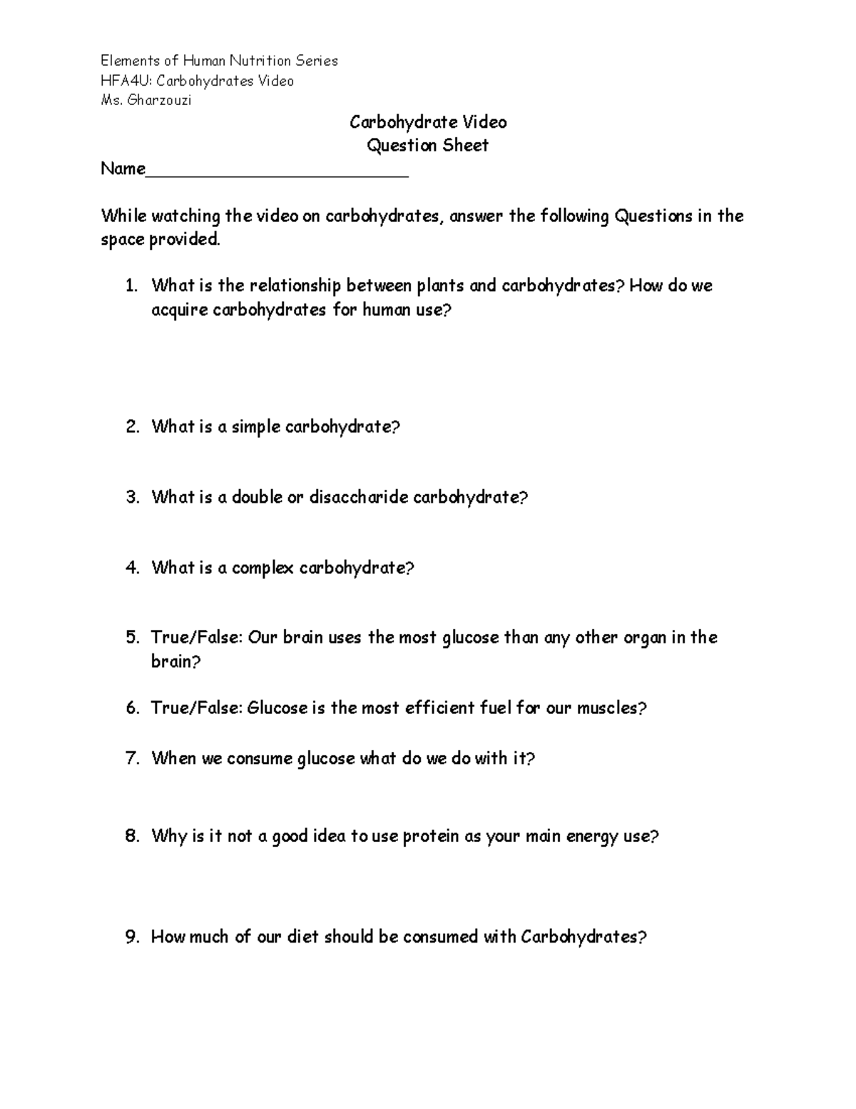 HFA4U: Carbohydrates Video Q&A Sheet by Ms. Gharzouzi - Studocu