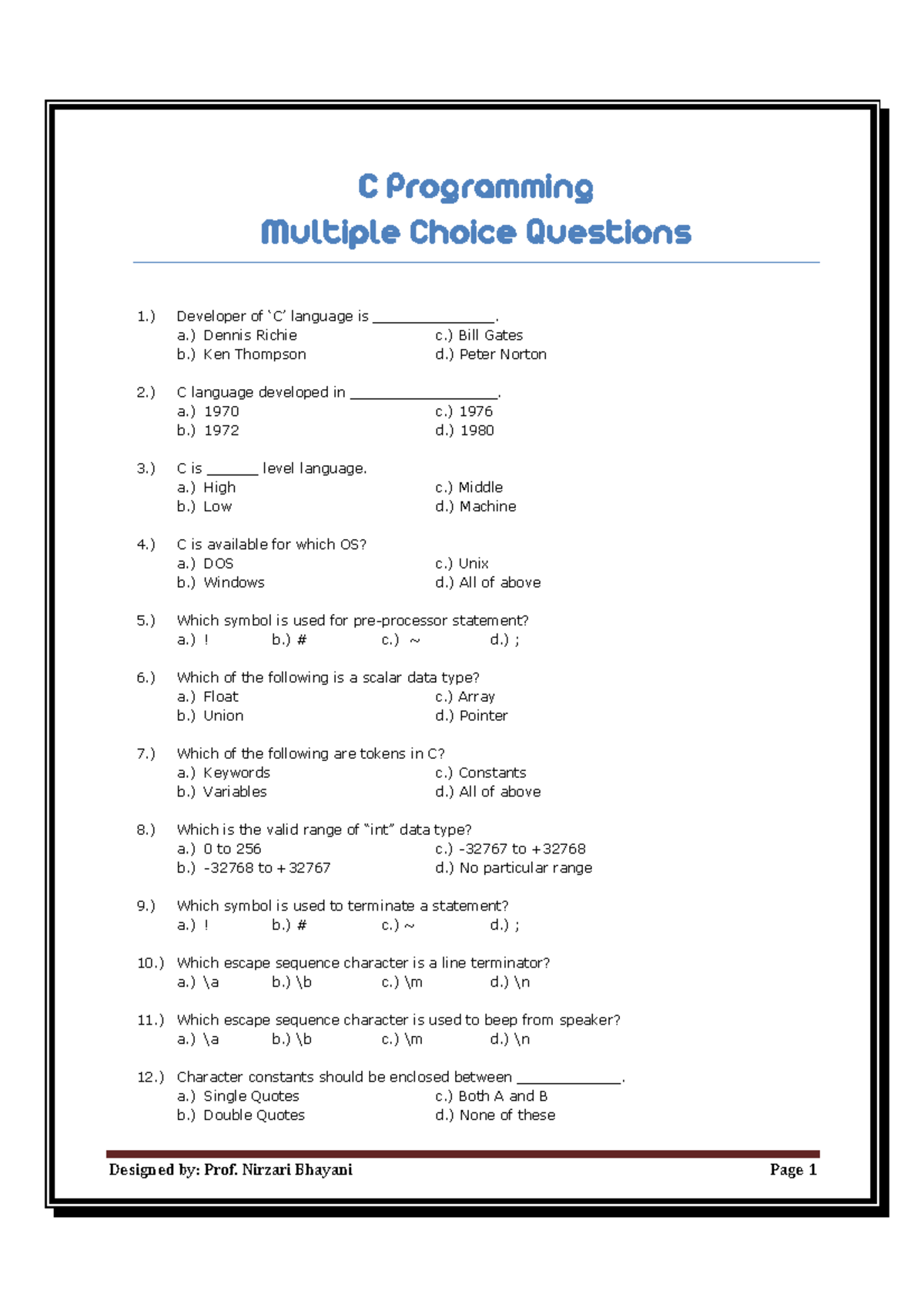C Programming MCQs for Exam Preparation - Studocu