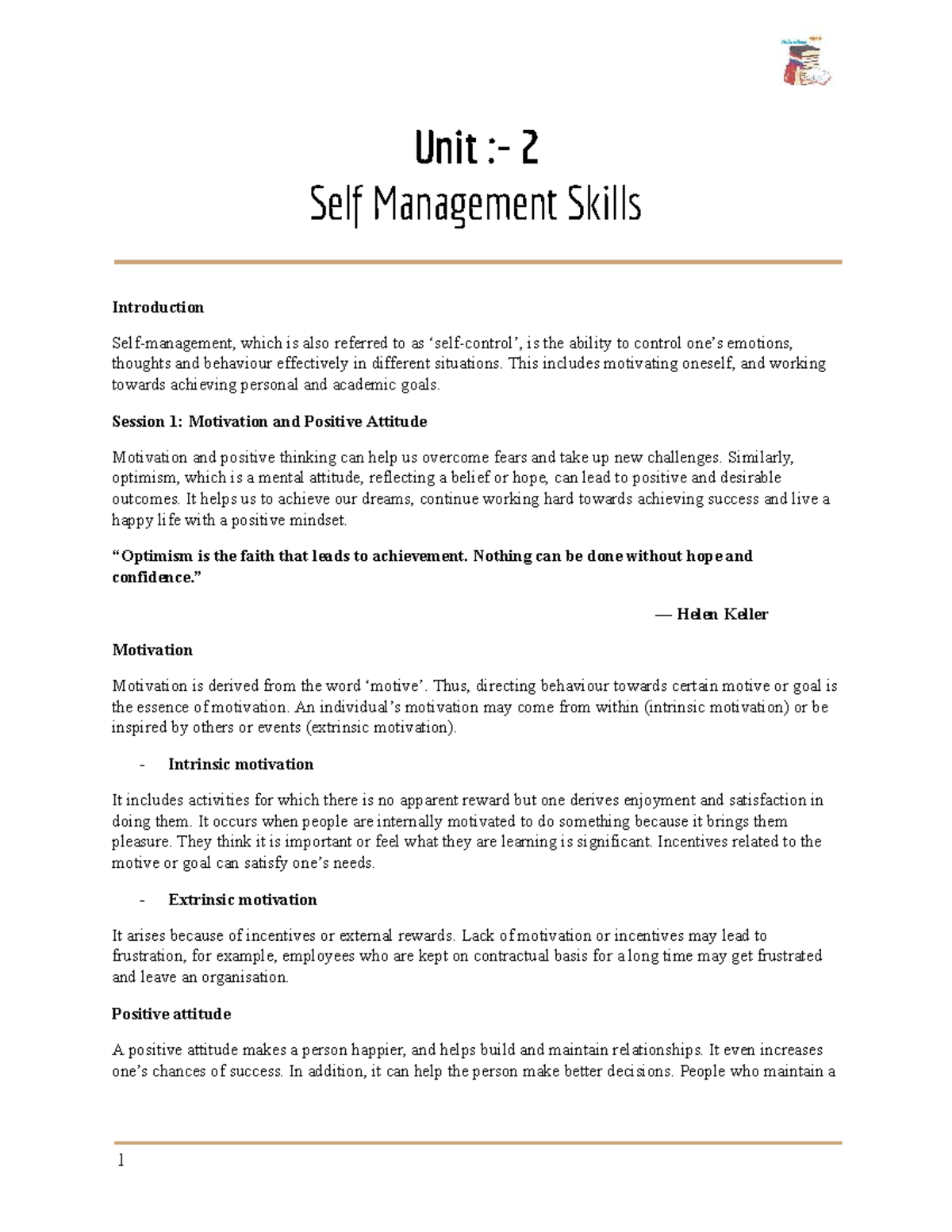 Self Management Skills: Motivation & Positive Attitude (Unit 2) - Studocu
