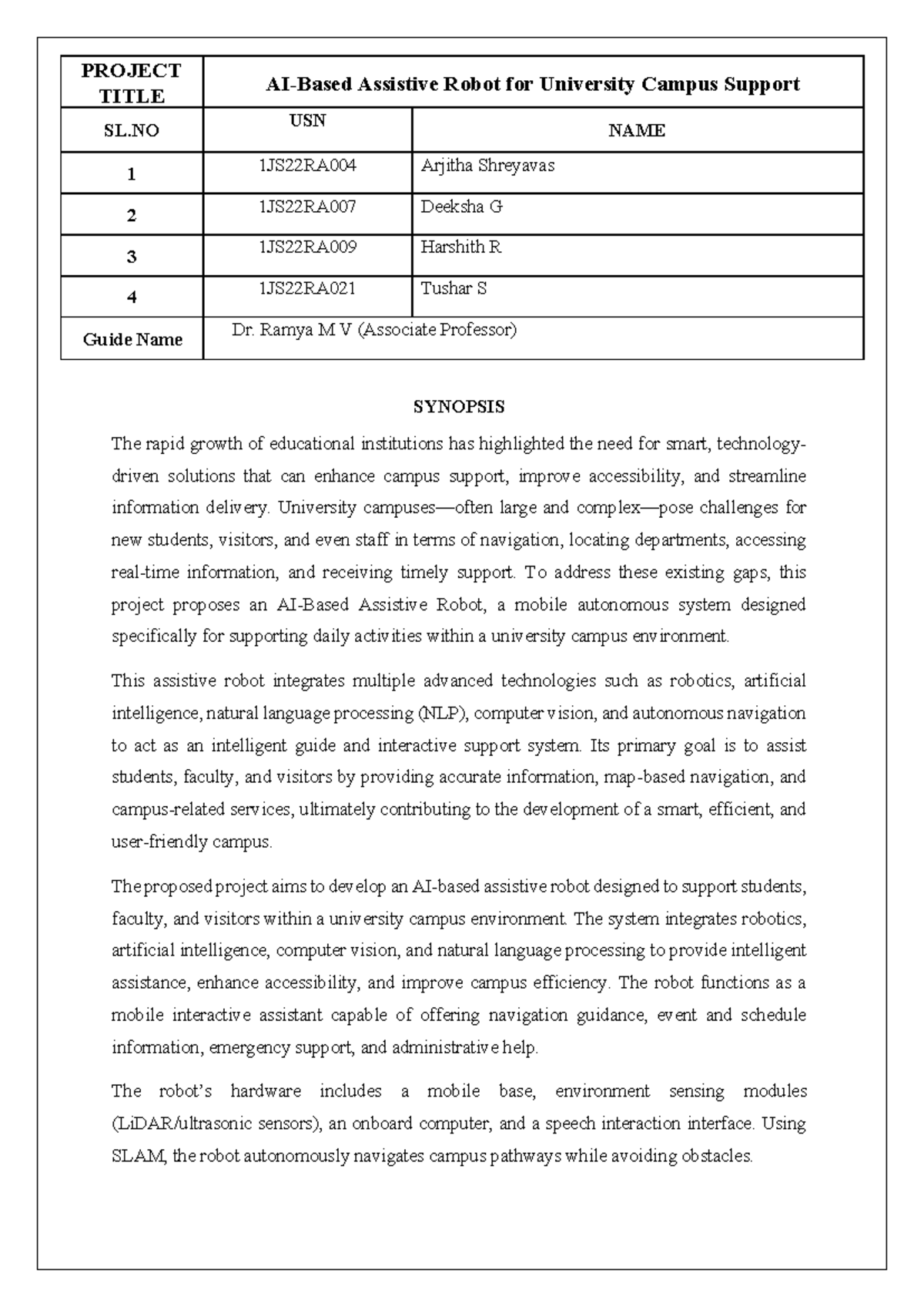 Assistive Robot for Campus Support Project Synopsis USN 1JS22RA004 ...