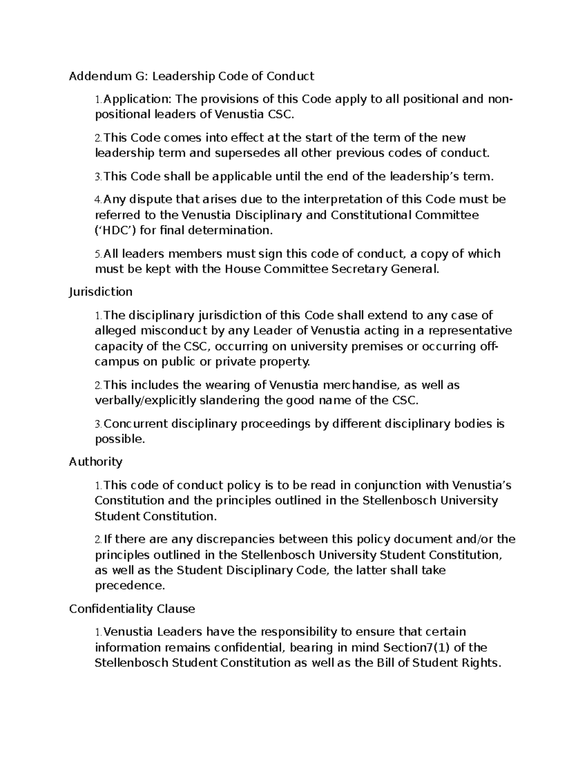 Leadership Code of Conduct 2: Venustia CSC Guidelines and Policies ...