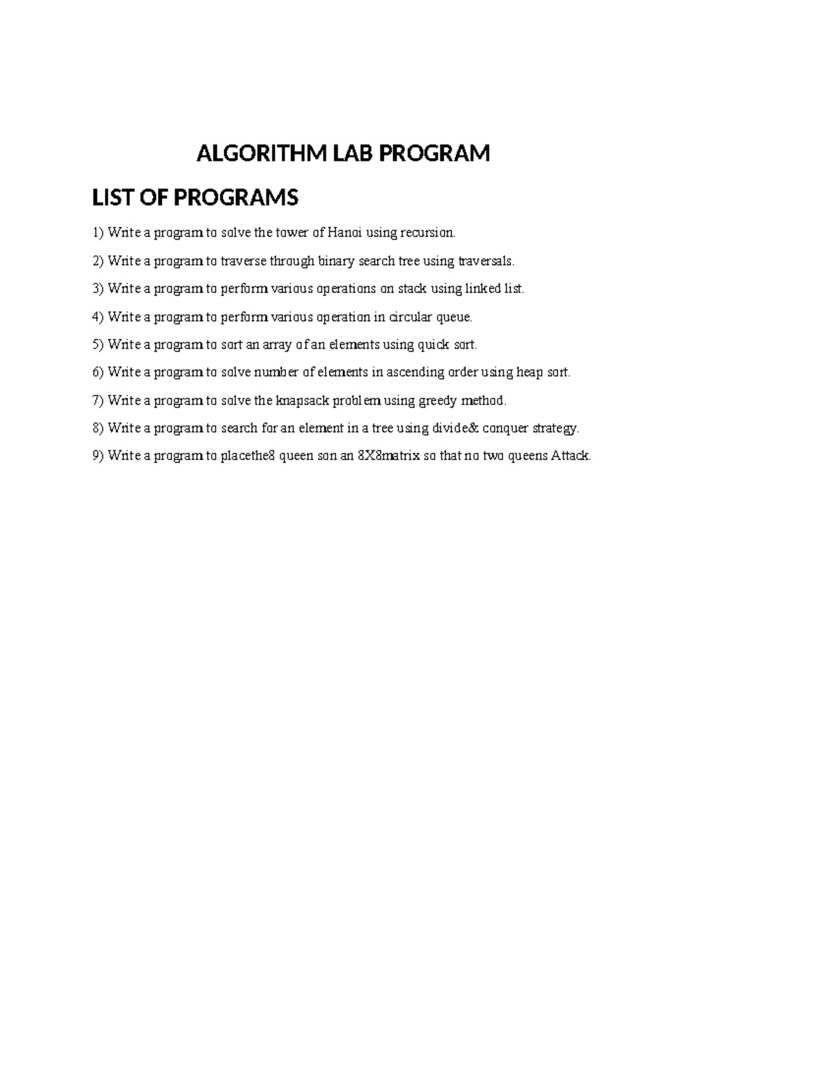 Algorithm Lab Programs: Recursion, Trees, Stacks & Queues - Studocu