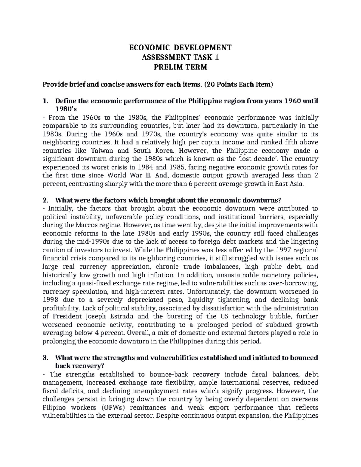 ECON 101: Economic Development Assessment Task 1 Analysis - Studocu