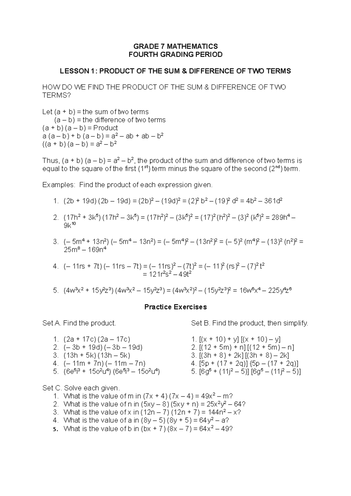 Lesson 1: Product of Sum & Difference - Grade 7 Math 4th Grading - Studocu