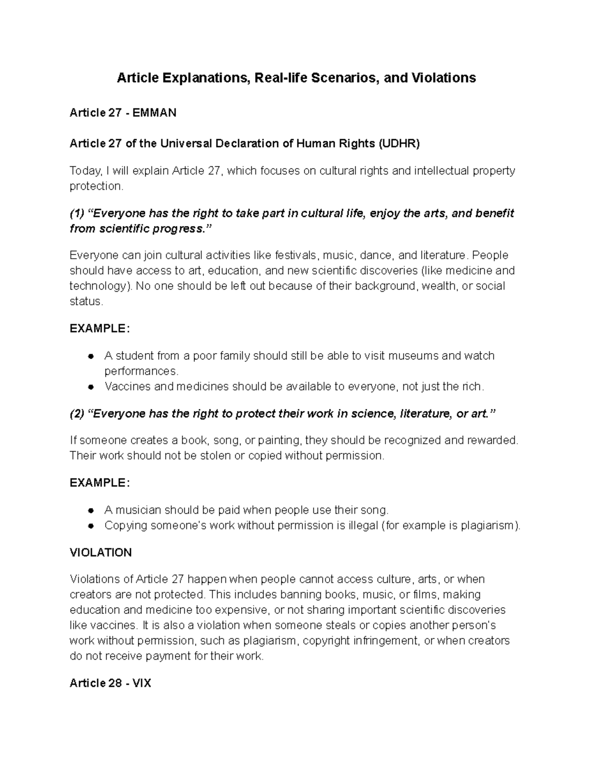 Article Explanations & Violations of UDHR: Articles 27-30 EMMAN, VIX ...