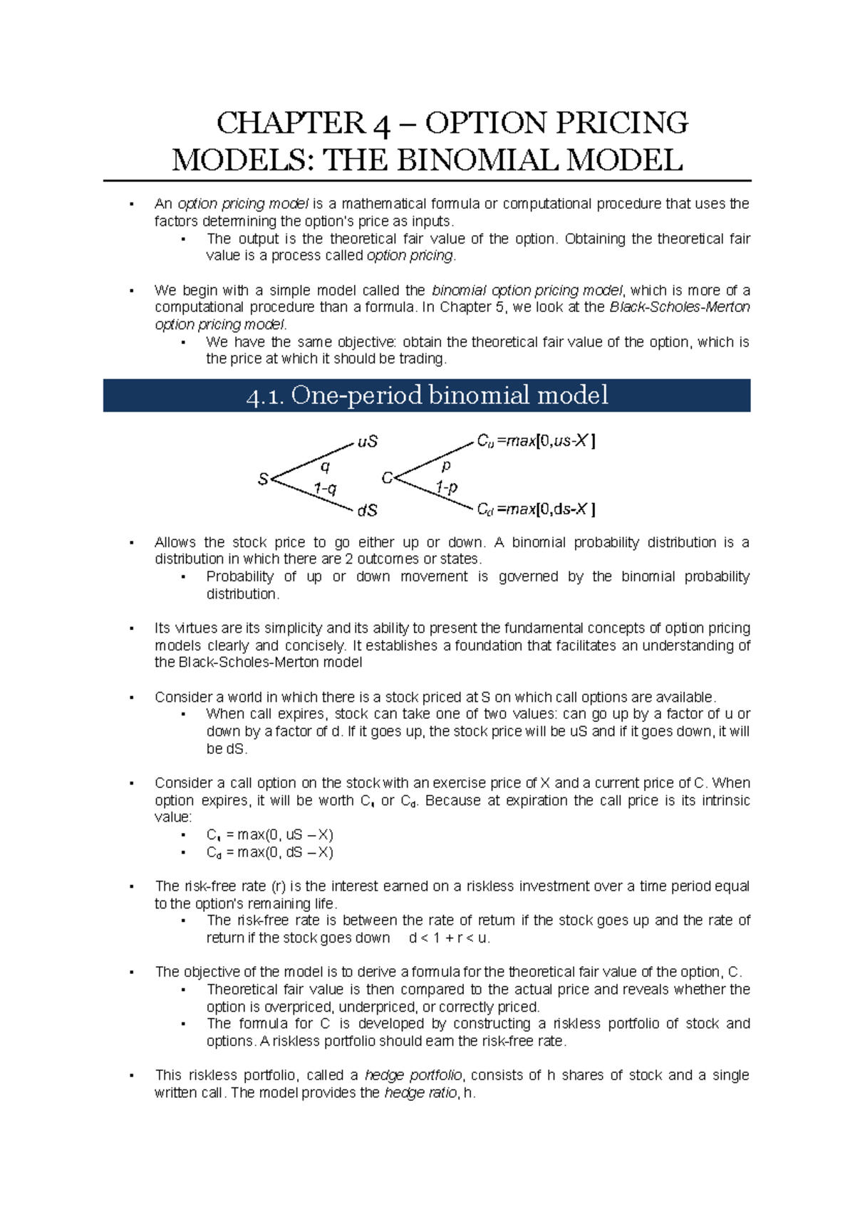 Chapter 4 - The Binomial Model - CHAPTER 4 – OPTION PRICING MODELS: THE ...