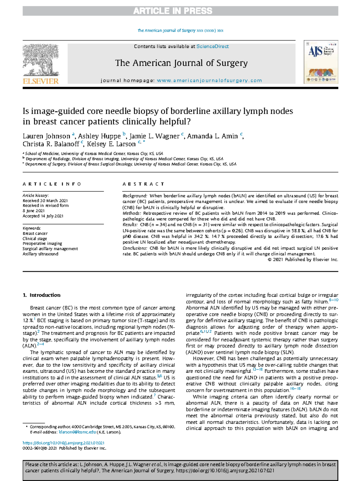 Is Core Needle Biopsy of Borderline Axillary Lymph Nodes Helpful in ...
