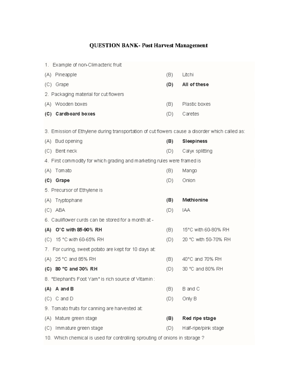 MCQ1 PHM 16 - Post Harvest Management: Fruits & Vegetables Quiz ...