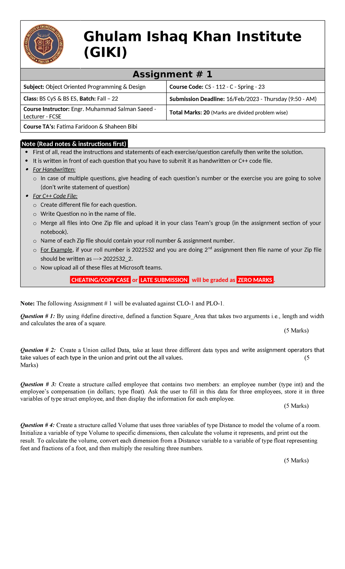 CS112 - OOP - Assignment 1 - GIKI - Spring 23 Guidelines - Studocu