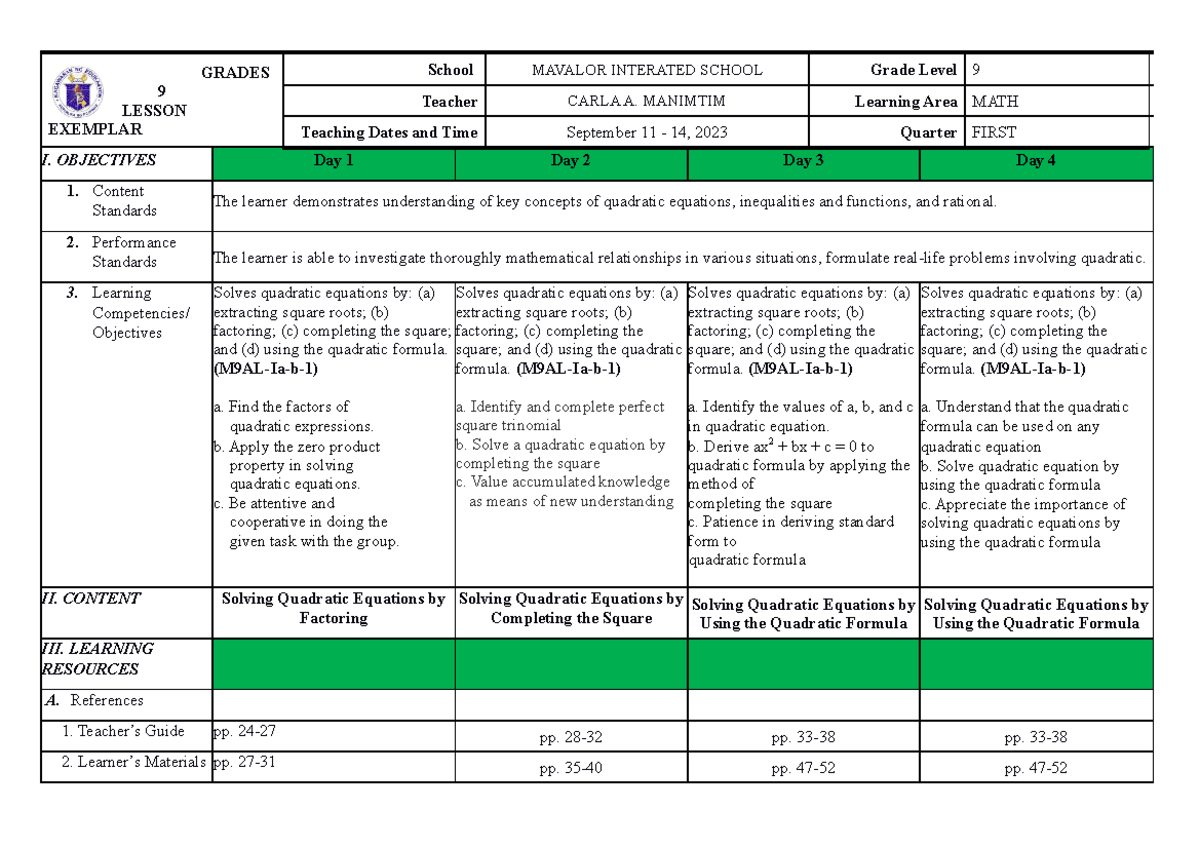 Math-9 Week 3 - Quadratic Equations Lesson Plan - Studocu