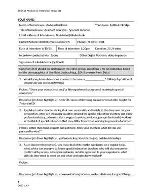 Special Education Insights: Interview with AP - SED615 Module 3 - Studocu