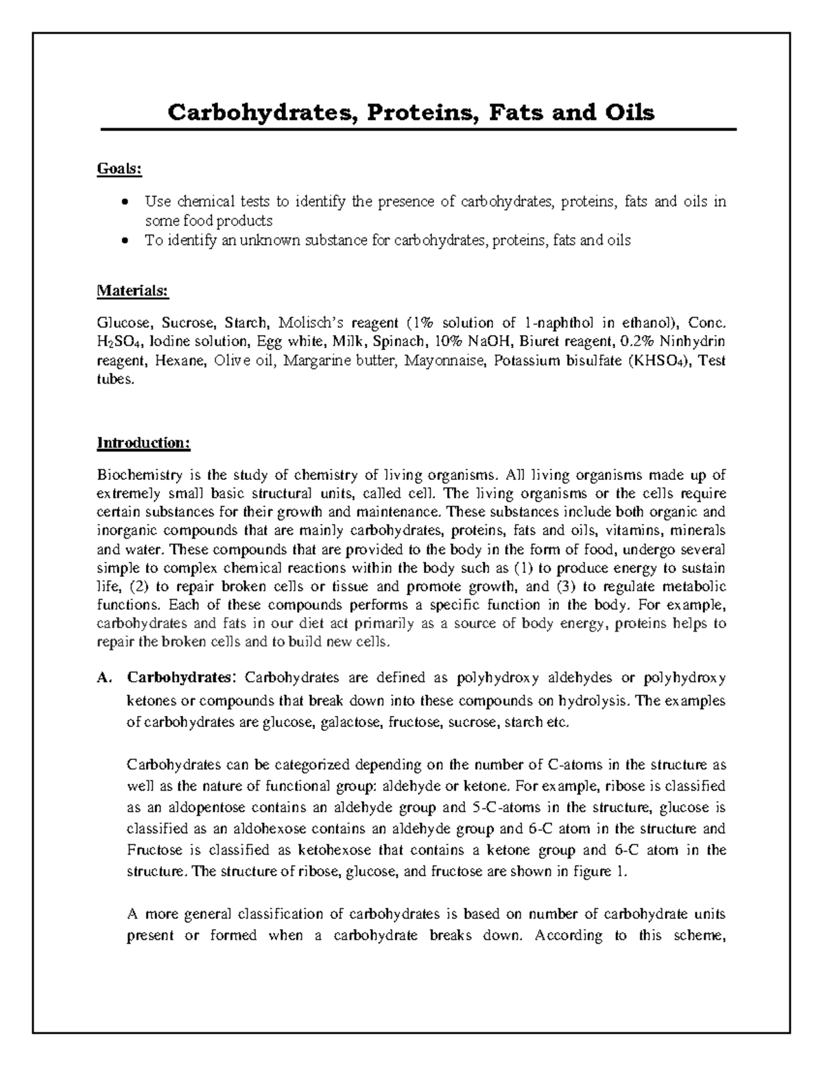 Chemical Tests for Carbohydrates, Proteins, Fats & Oils - Lab Guide ...