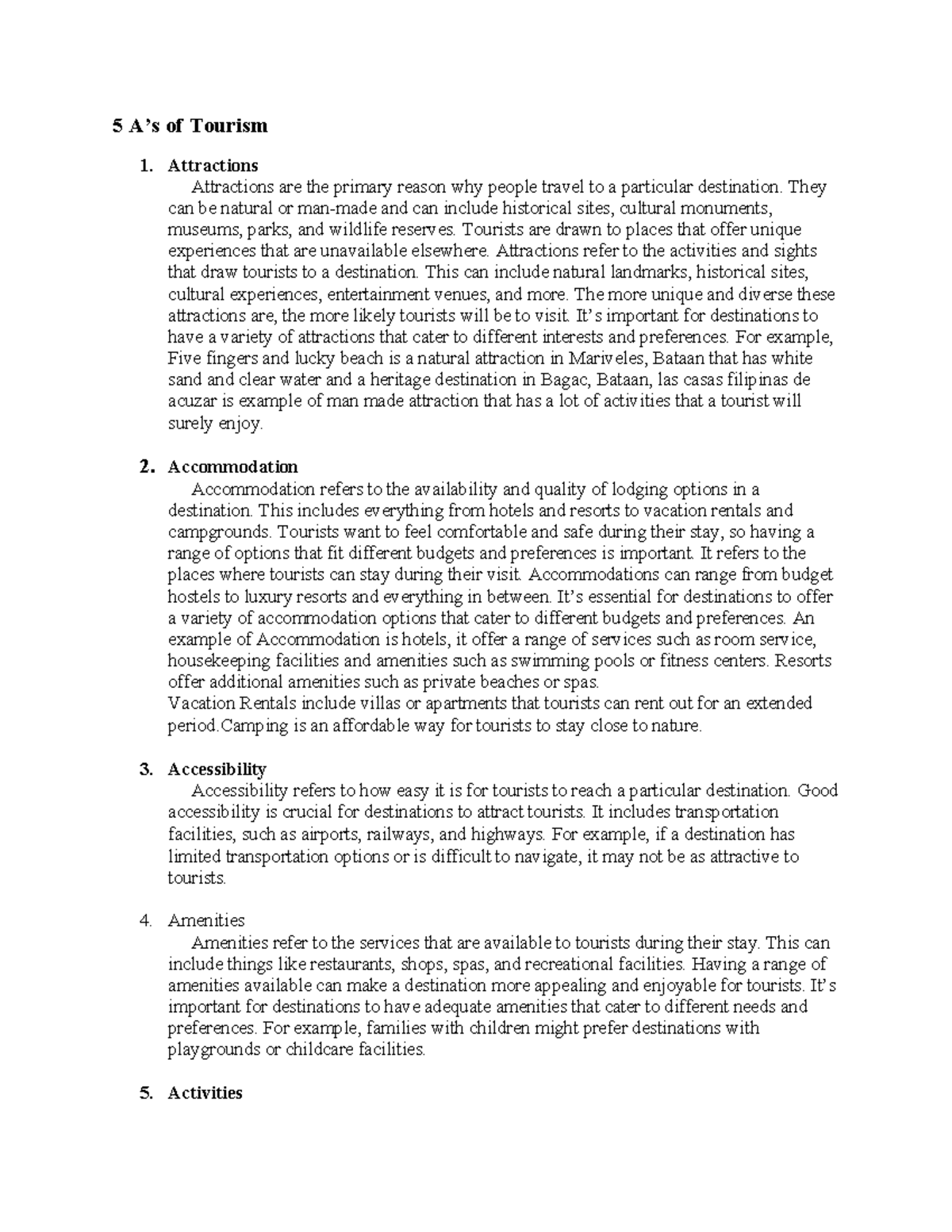 5 A's of Tourism: Attractions, Accommodation, Accessibility, Amenities ...