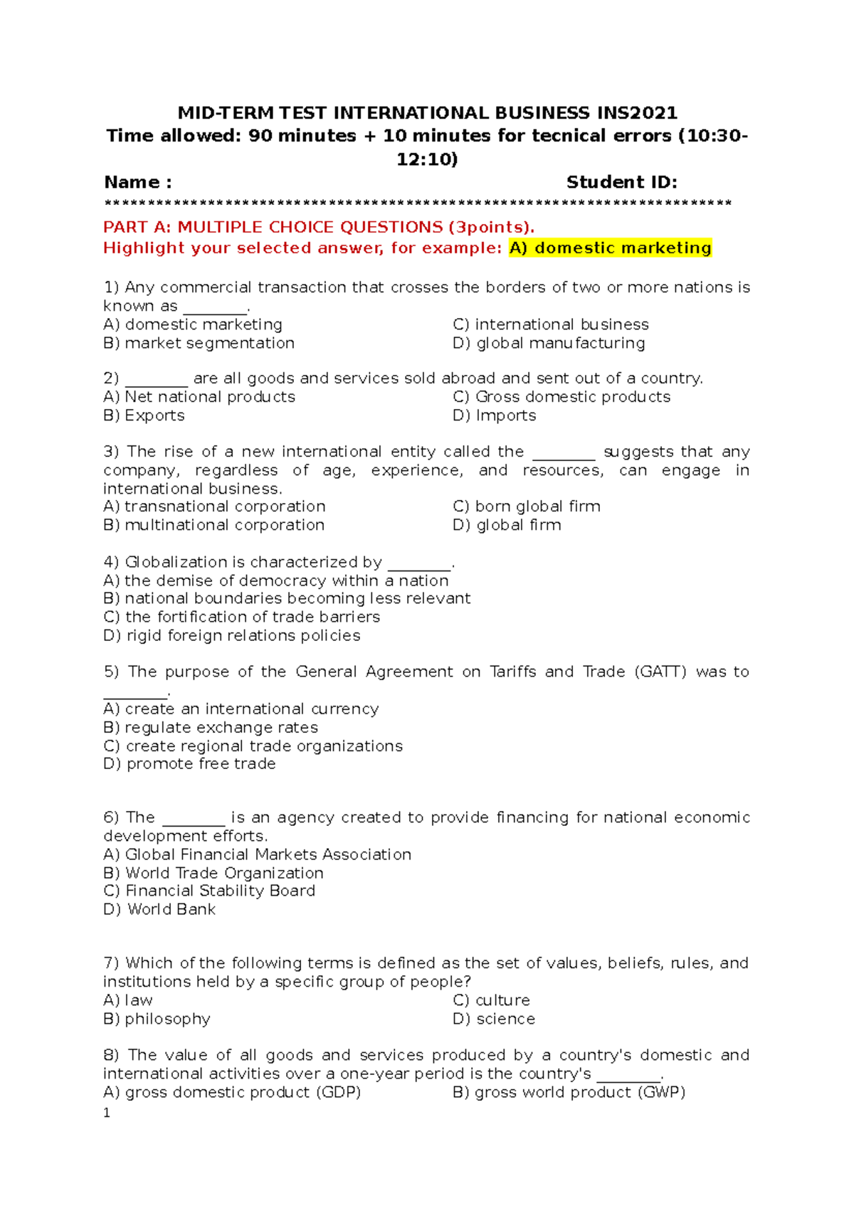 INS2021 Midterm Test: International Business Exam Questions and ...