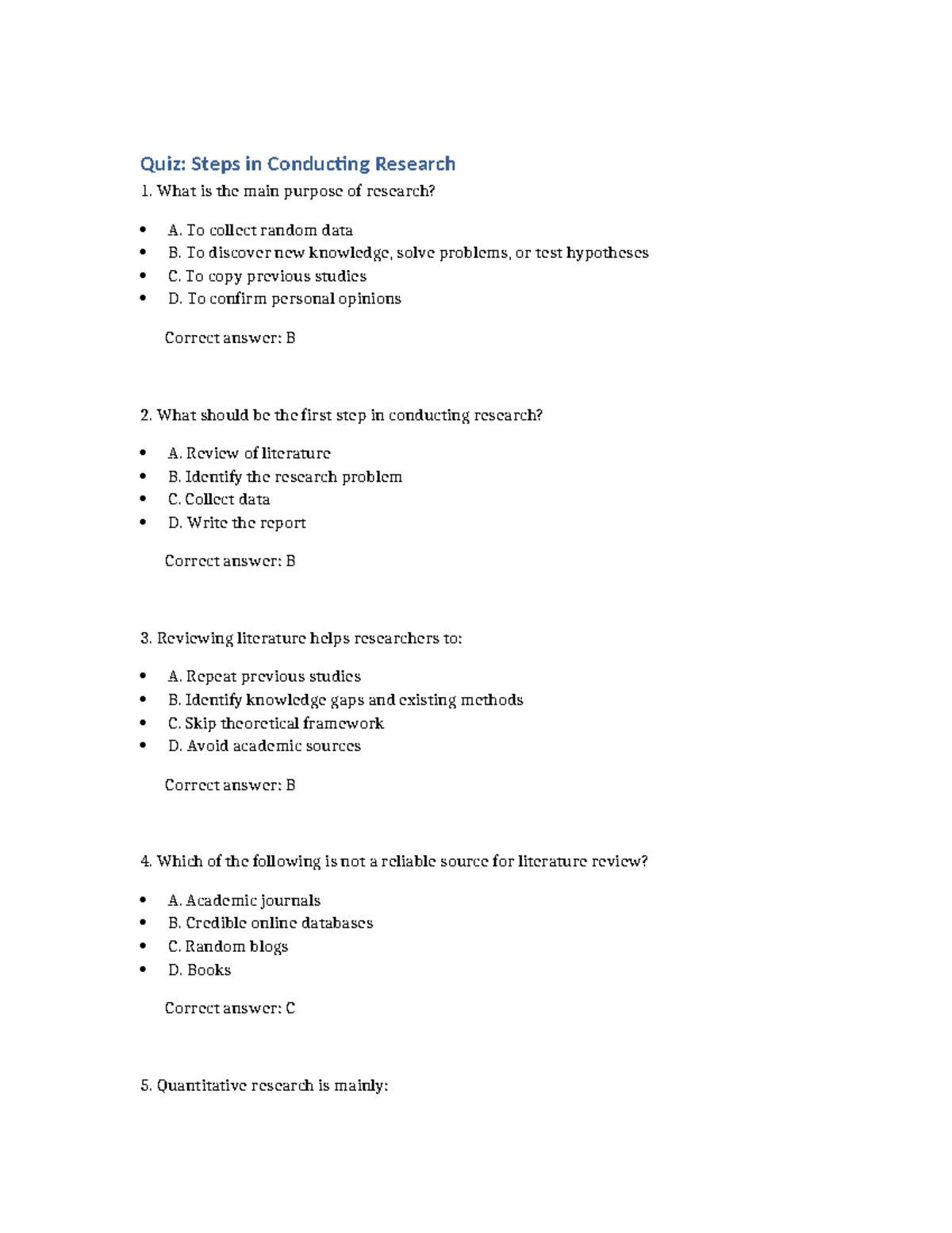 Quiz: Steps in Conducting Research (Course Code: RES101) - Studocu