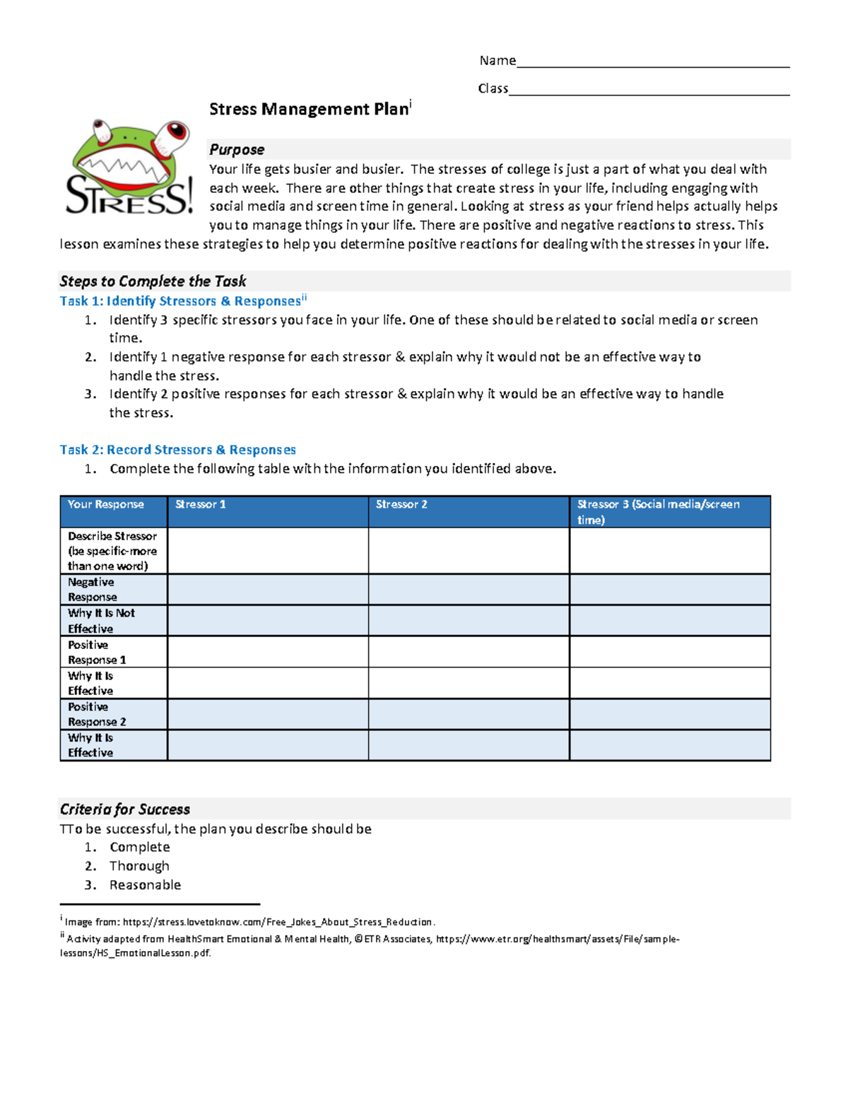 Stress management worksheet - Name ...