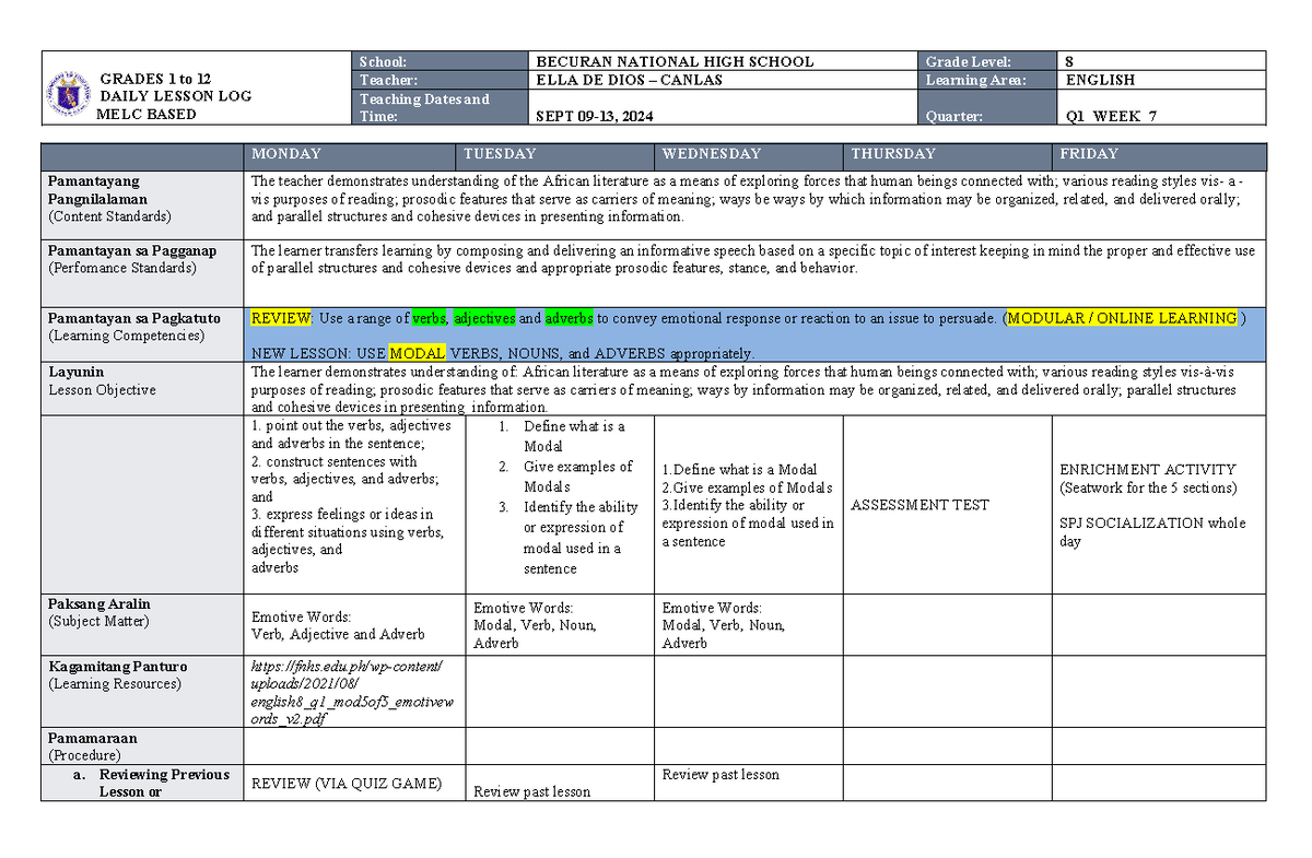 Week 7 Daily Lesson Log for English 8 (Q1 MELC-Based) - Studocu