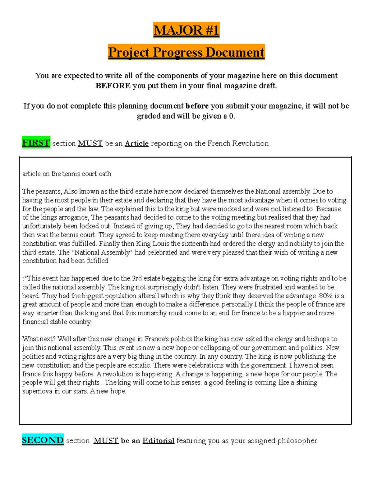 MAJOR Project Progress Document: French Revolution Insights - Studocu