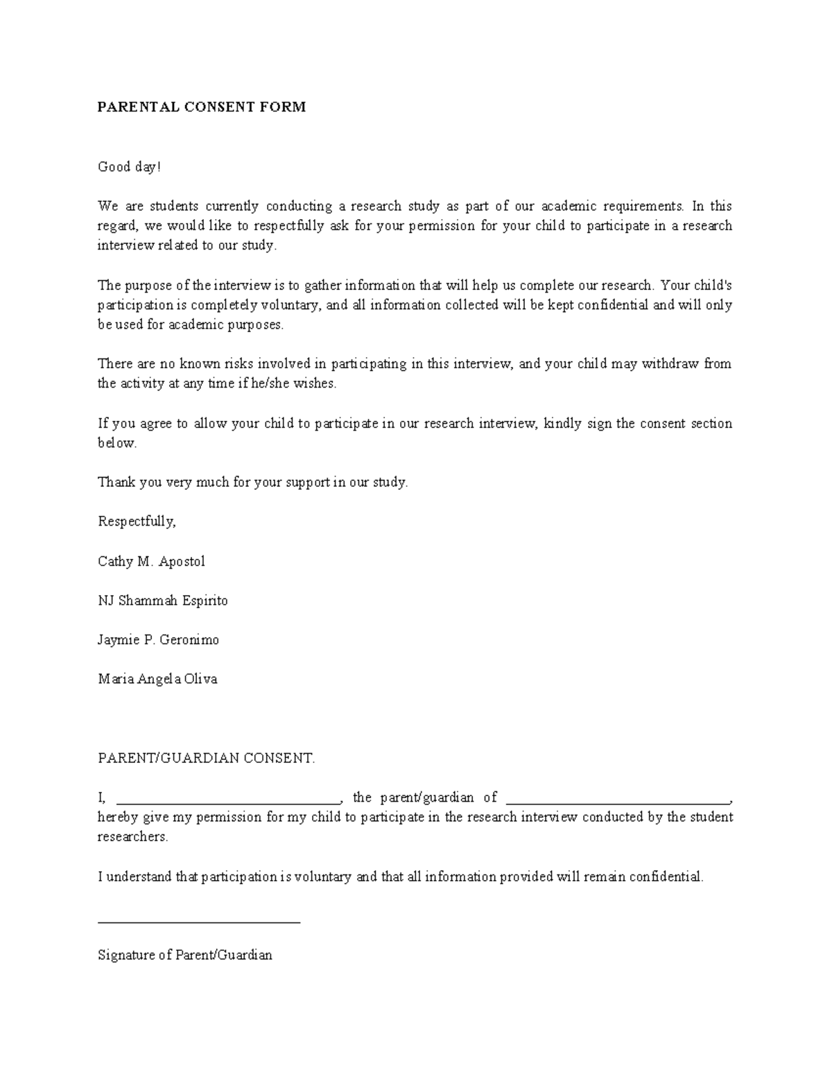 Parental Consent Form for Research Interview - MHI UHH - Studocu