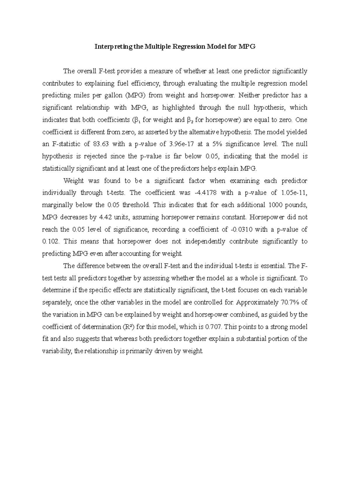 Week 7 Discussion Post: Analyzing Multiple Regression for MPG - Studocu