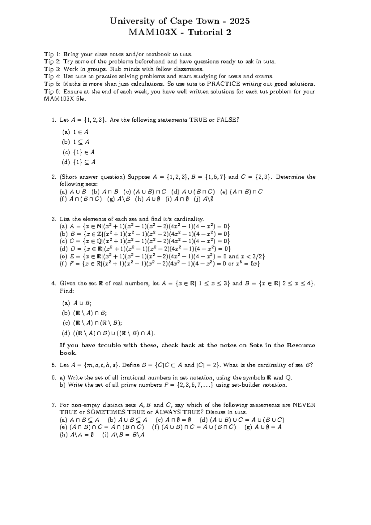 MAM103X - Tutorial 2: Mastering Set Theory Concepts and Problems - Studocu