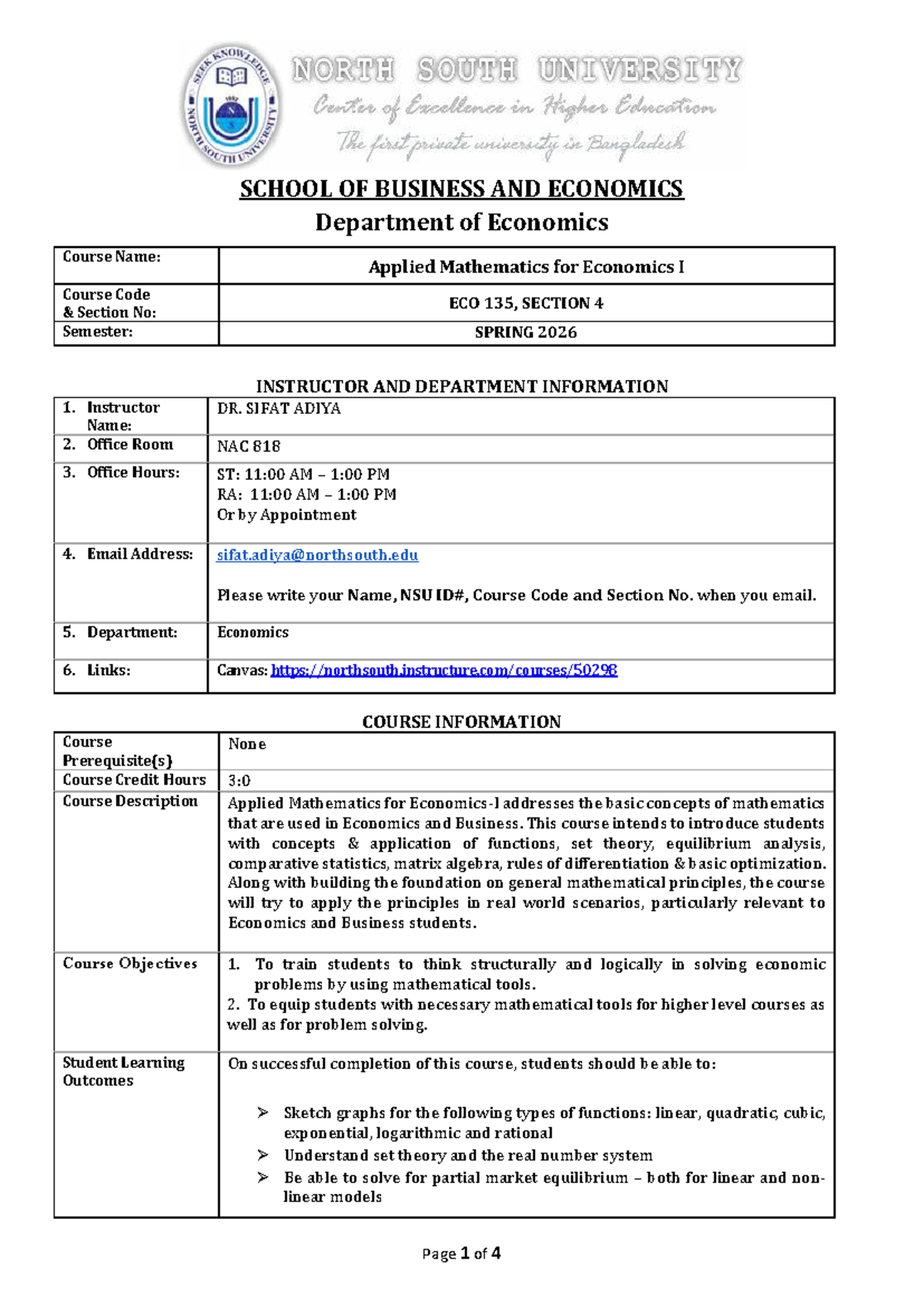ECO 135 Section 4: Applied Mathematics for Economics I Course Outline ...