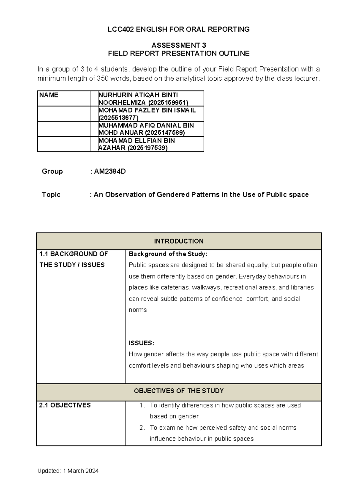 LCC402 Field Report Presentation Outline: Gendered Patterns in Public ...