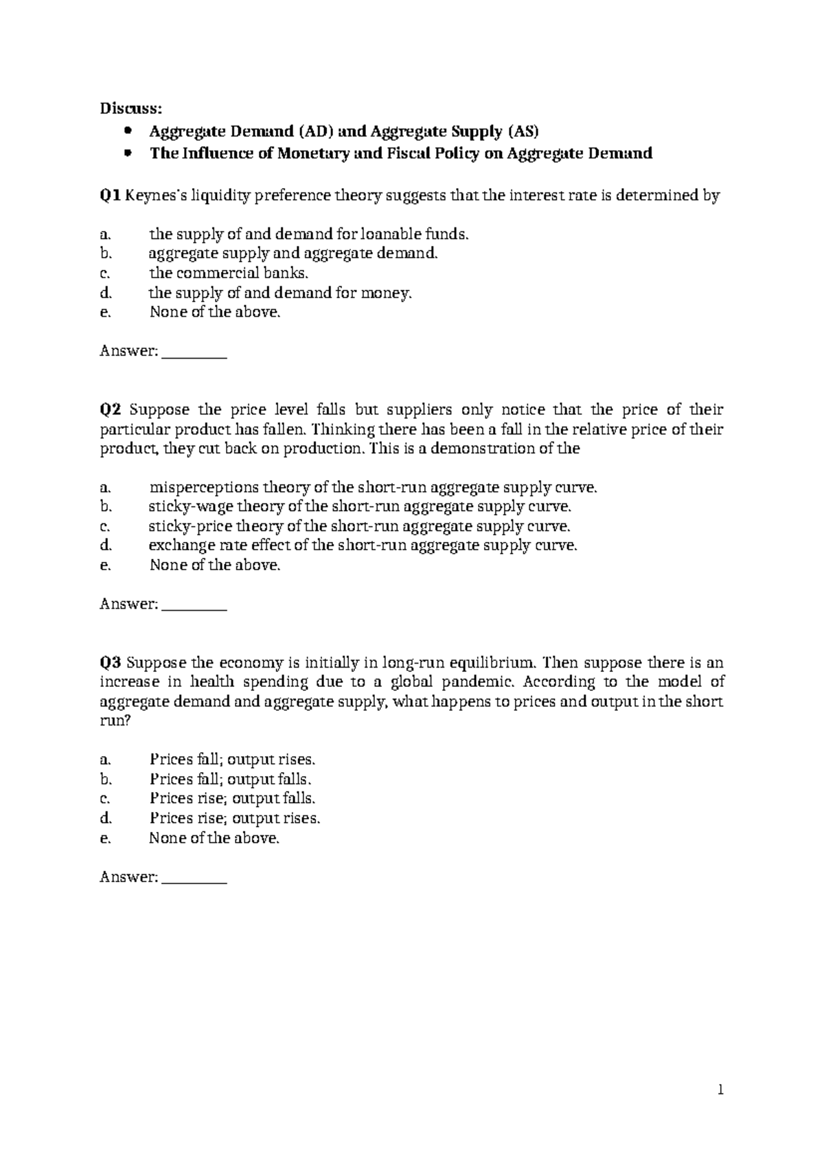 Aggregate Demand and Supply: Tutorial Set 11 (Week 12) Notes - Studocu