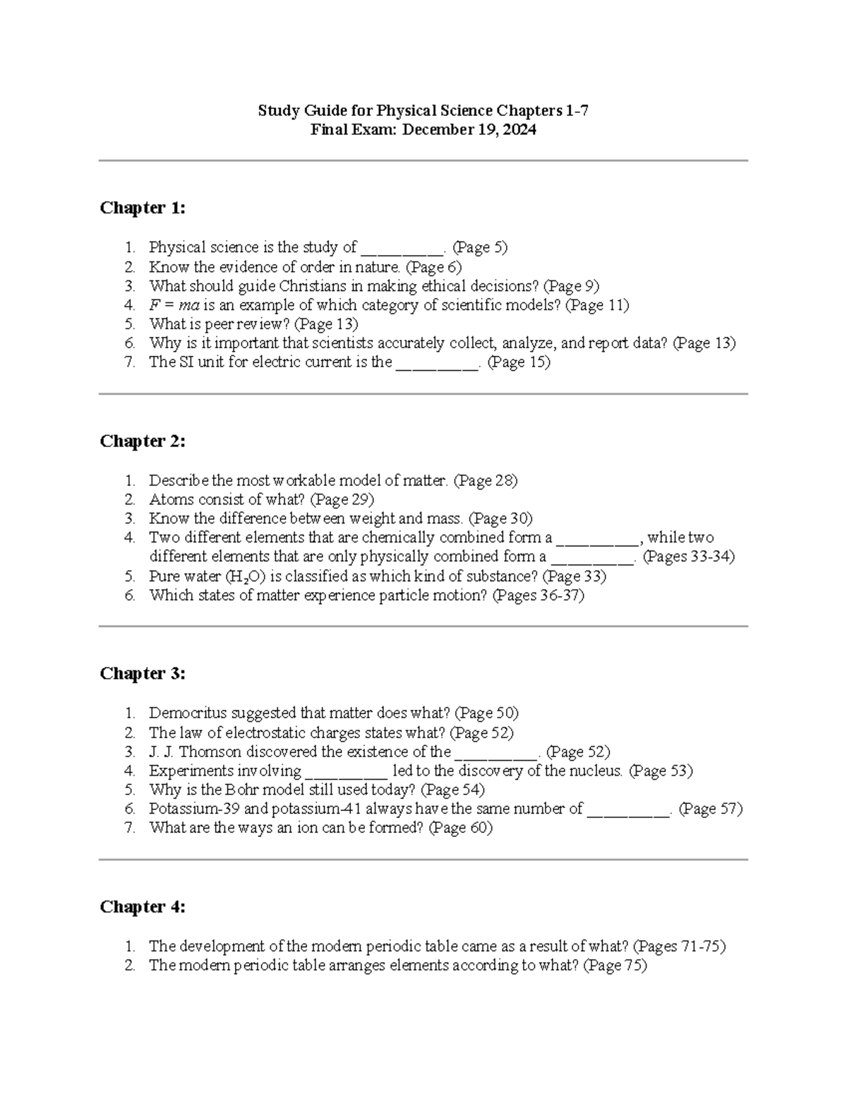 Final Exam Study Guide for Physical Science (Chapters 1-7) - Studocu