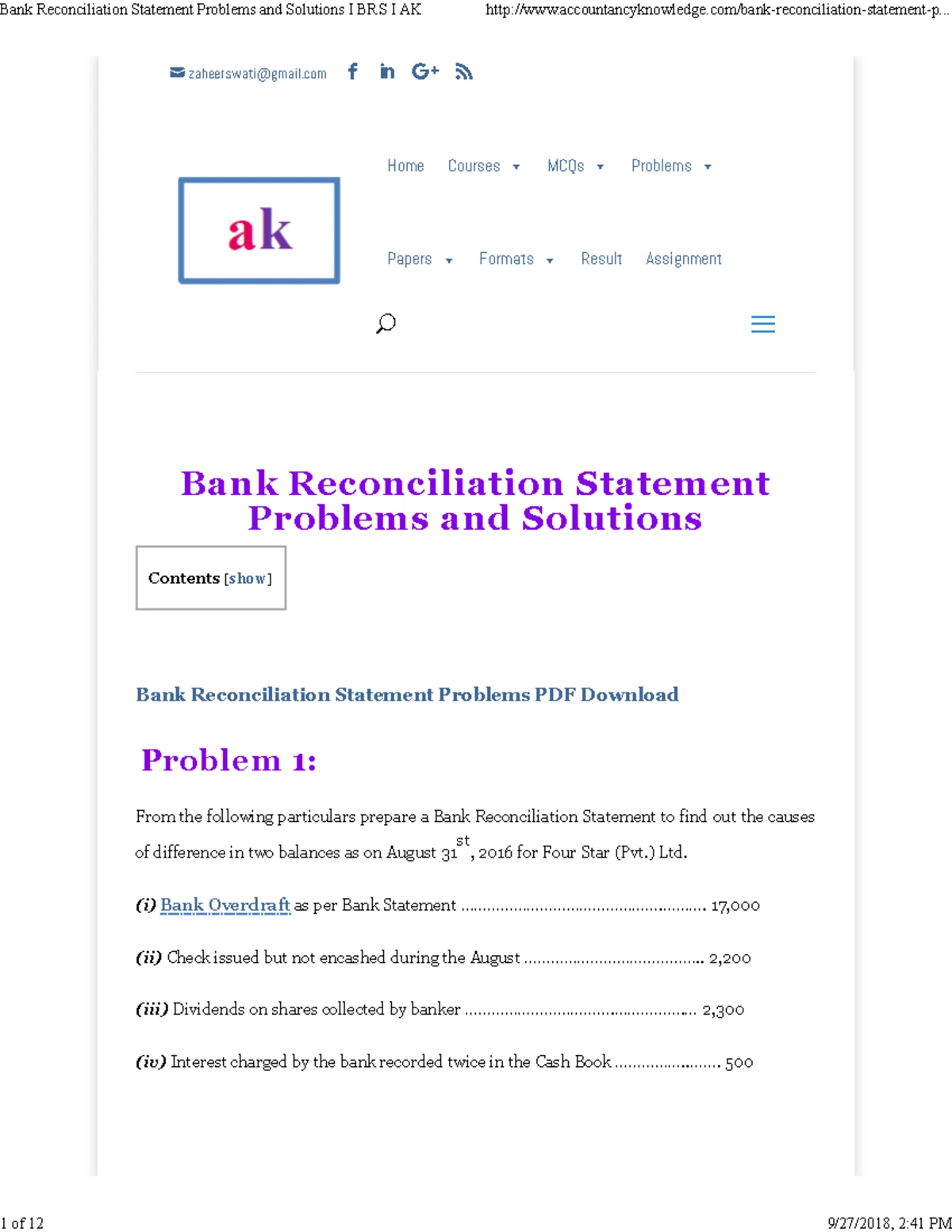 Bank Reconciliation Statement Problems and Solutions I BRS I AK - Bank ...