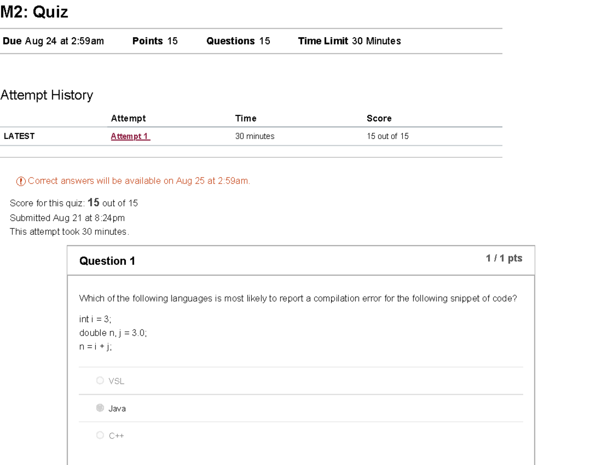 M2 Quiz CSE 240 Intro to Programming Languages (2022 Fall - A) - M2: Quiz Due Aug 24 at 2:59am ...
