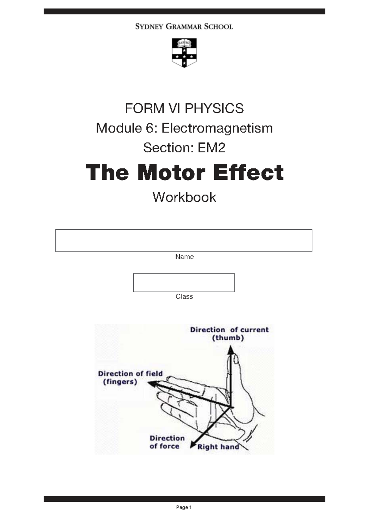 FORM VI PHYSICS EM2: The Motor Effect Workbook - Studocu