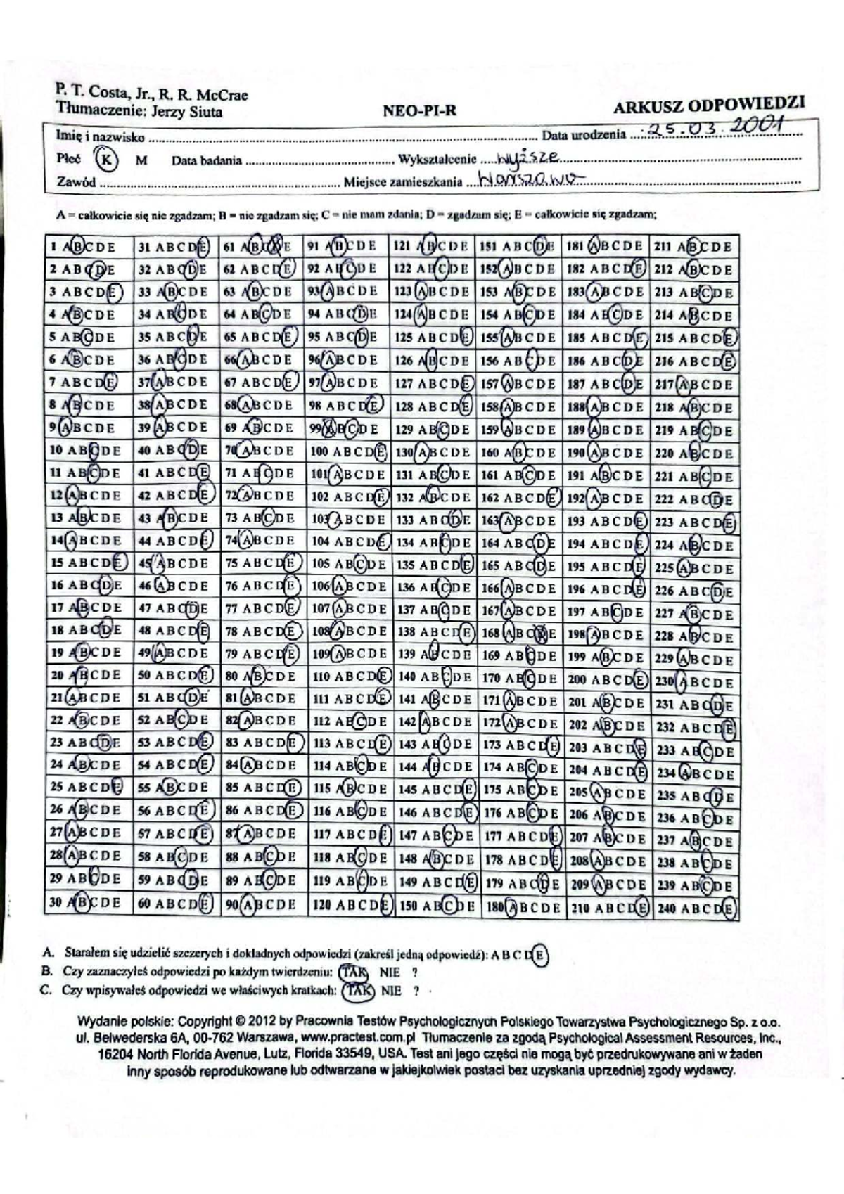 ARKUSZ ODPOWIEDZI - Test Psychologiczny (P. T. Costa, Jr., R. R. McCrae ...