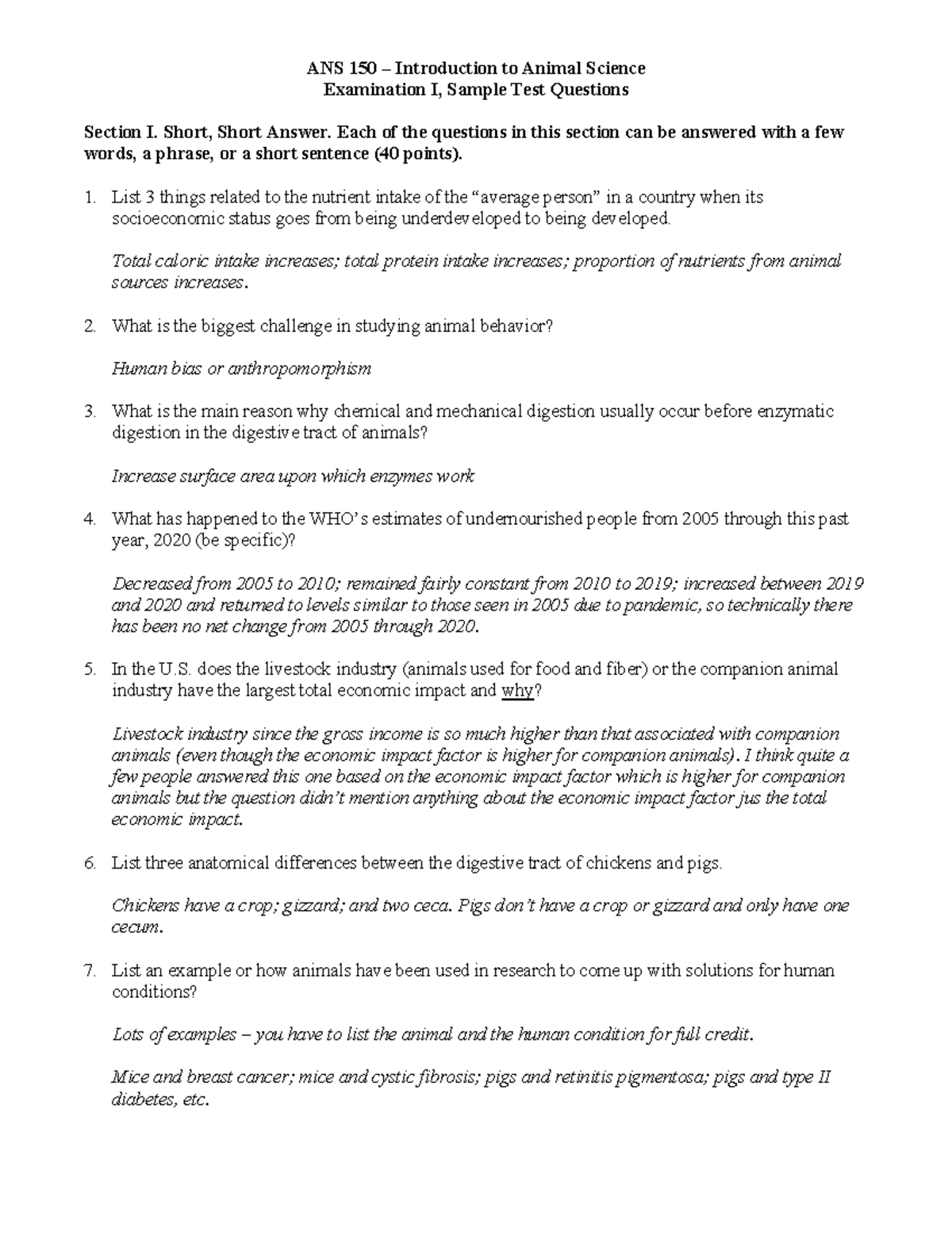 ANS 150 - Introduction to Animal Science Midterm Exam Sample Questions ...