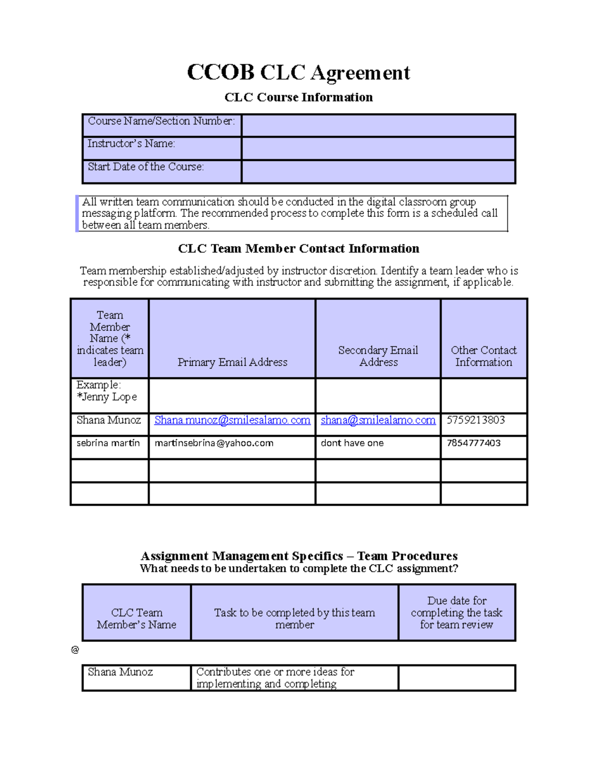 CCOB-CLC Team Agreement & Procedures Guidelines - Studocu
