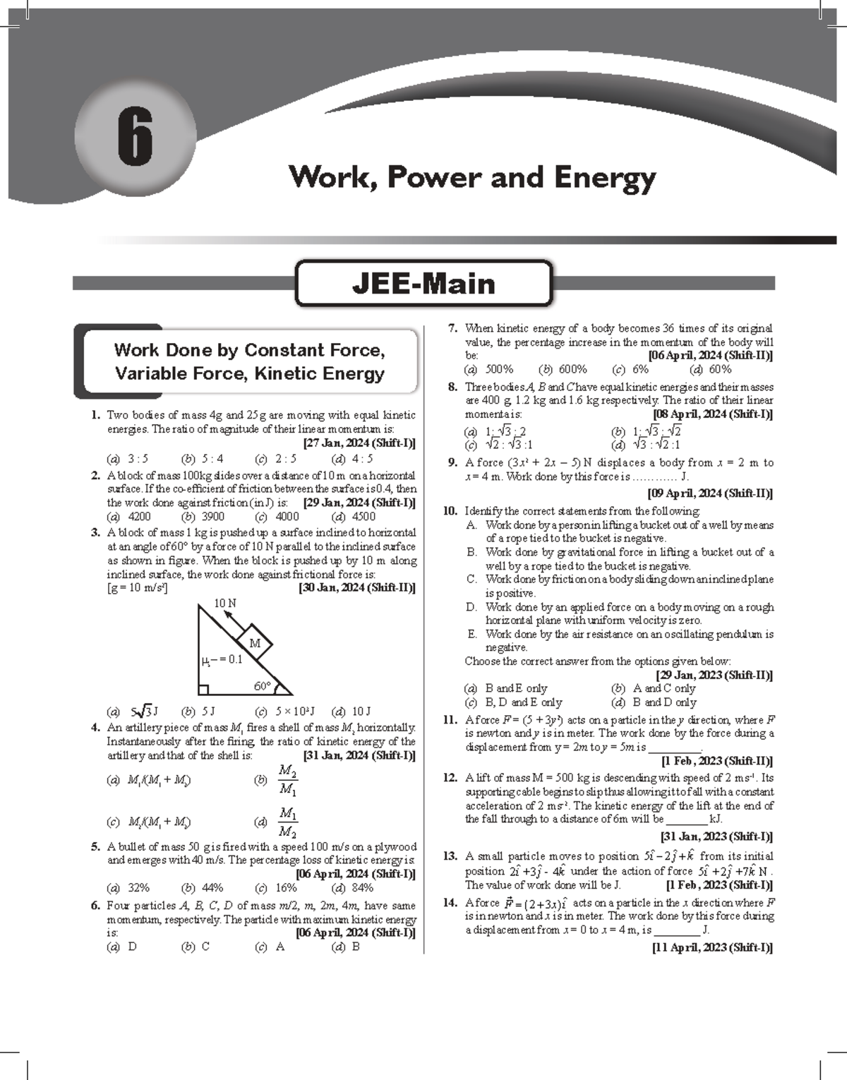 JEE Main PYQs: Work, Power, and Energy Concepts - Studocu