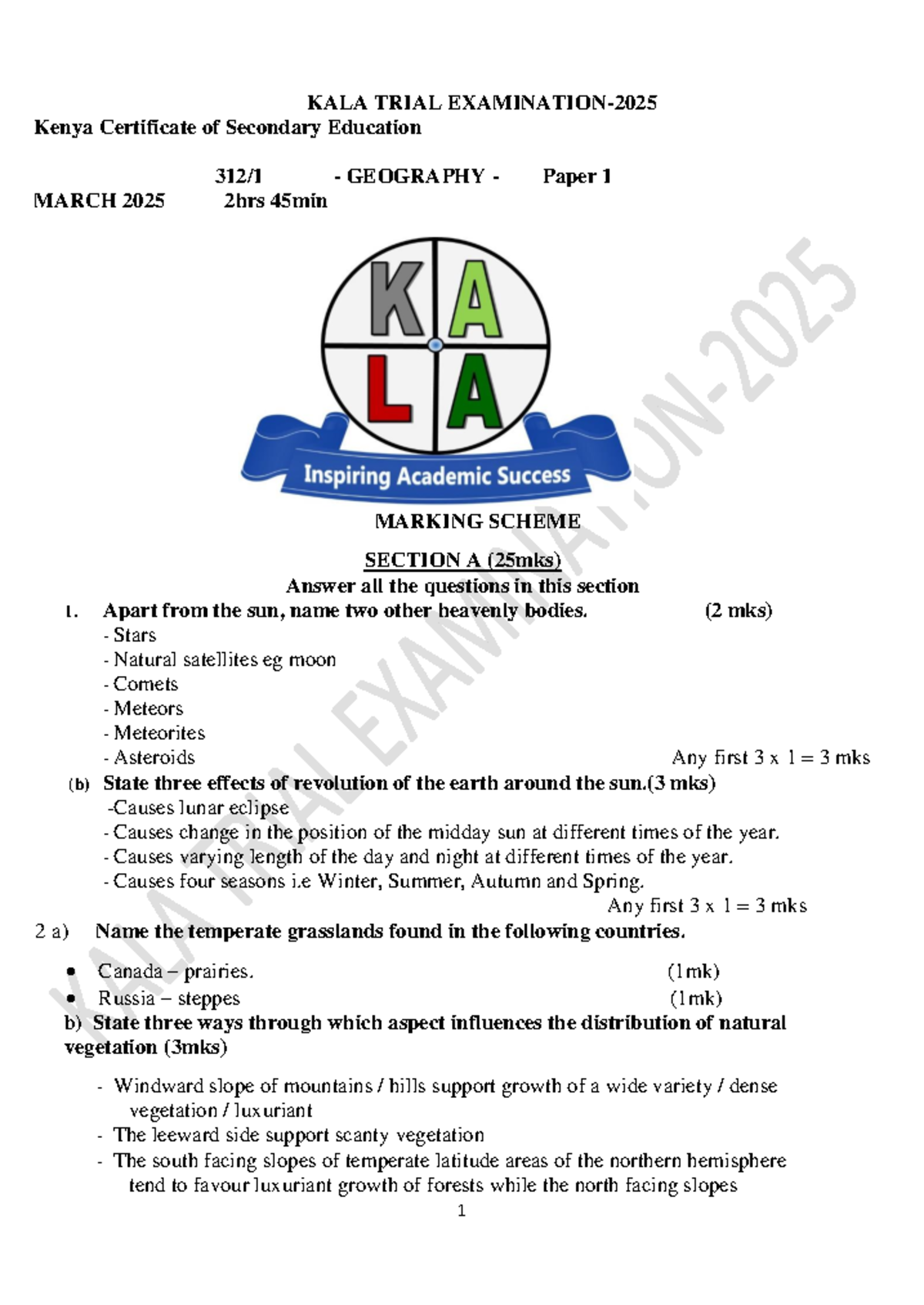 GEO PP1 Marking Scheme - KALA Trial KCSE Geography March 2025 - Studocu