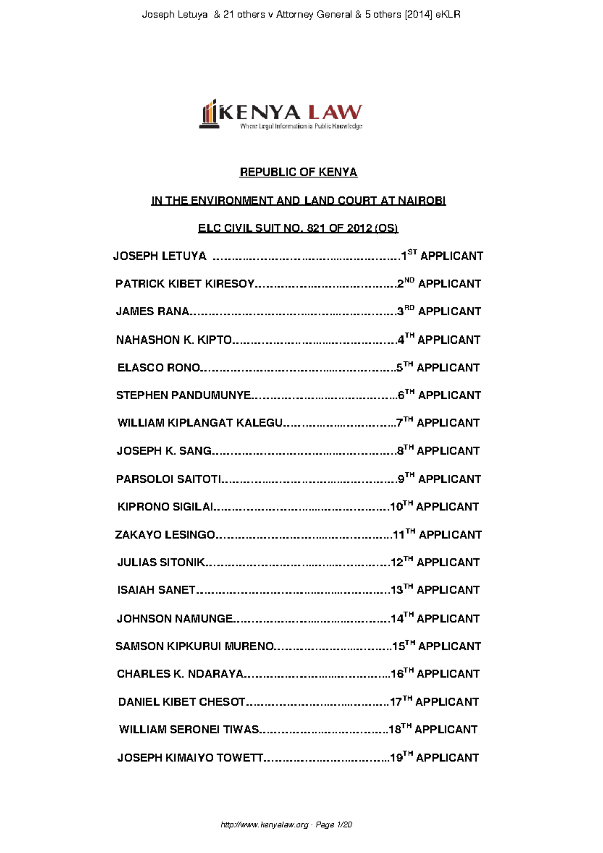 ELC Civil Suit No. 821 of 2012 (OS): Ogiek Community Land Rights Case - Studocu