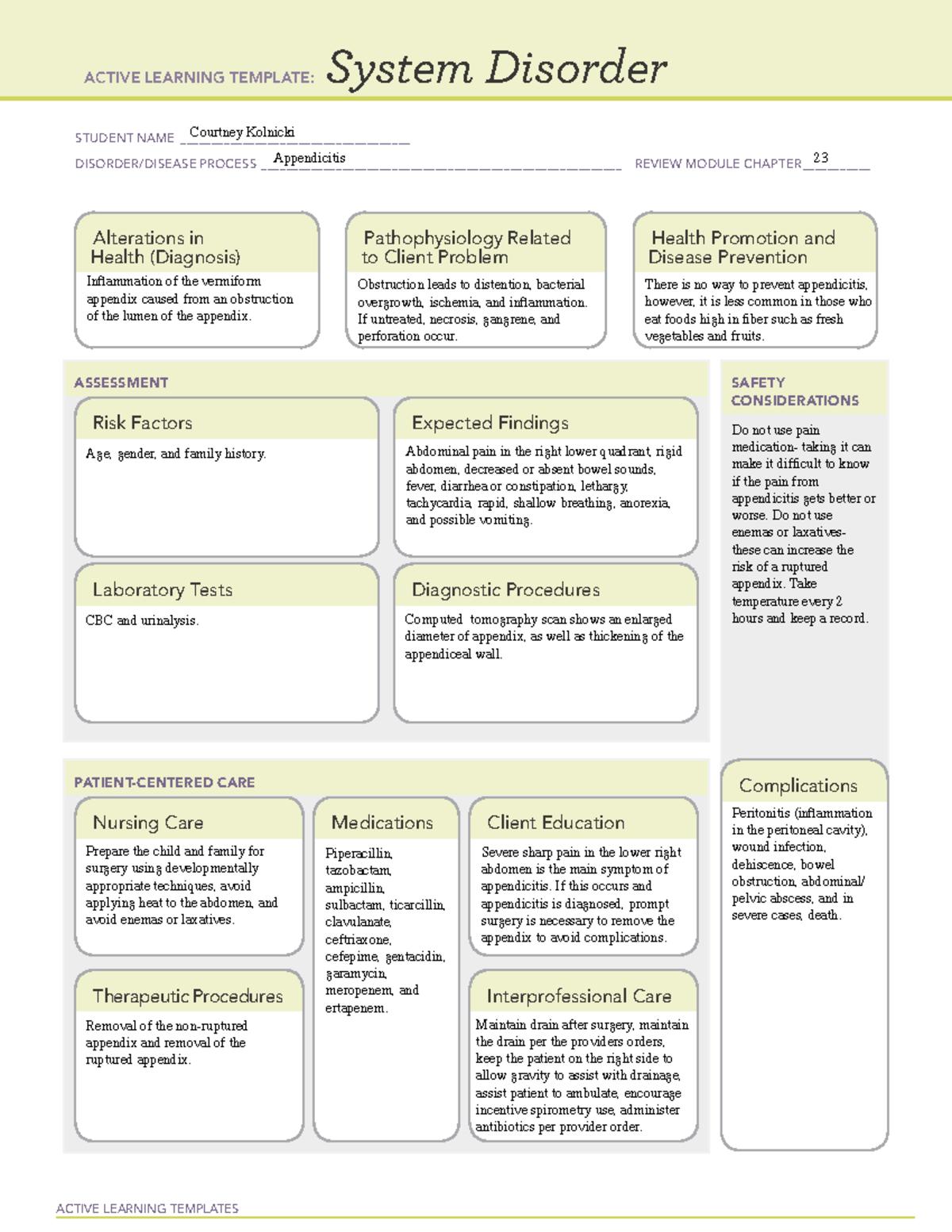 Week 7 Active Learning on Appendicitis (System Disorder) - Studocu