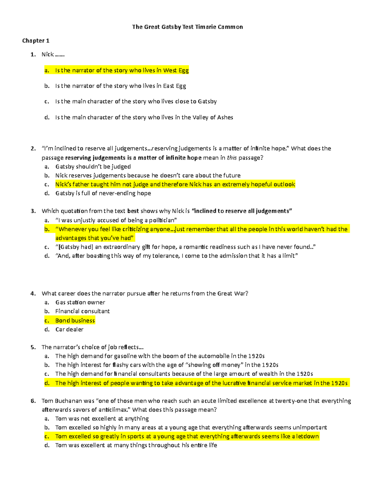 The Great Gatsby Test Review - Final Exam Preparation - Studocu