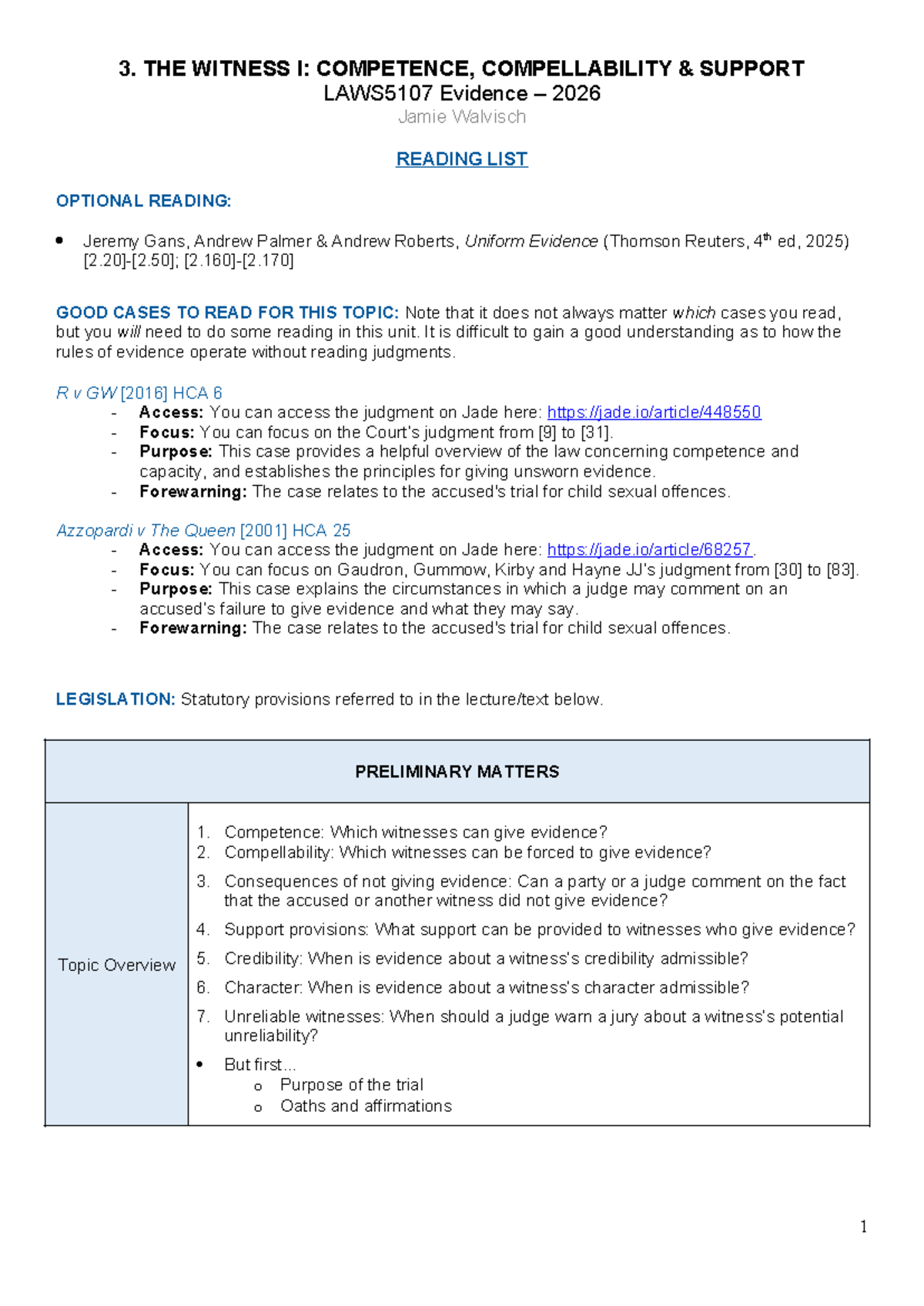 Week 3 Lecture Outline: The Witness I - Competence, Compellability ...