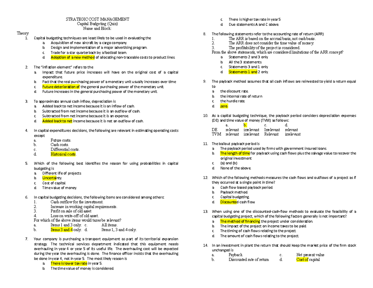 Capital Budgeting Quiz - Answer Key (Strategic Cost Management) - Studocu