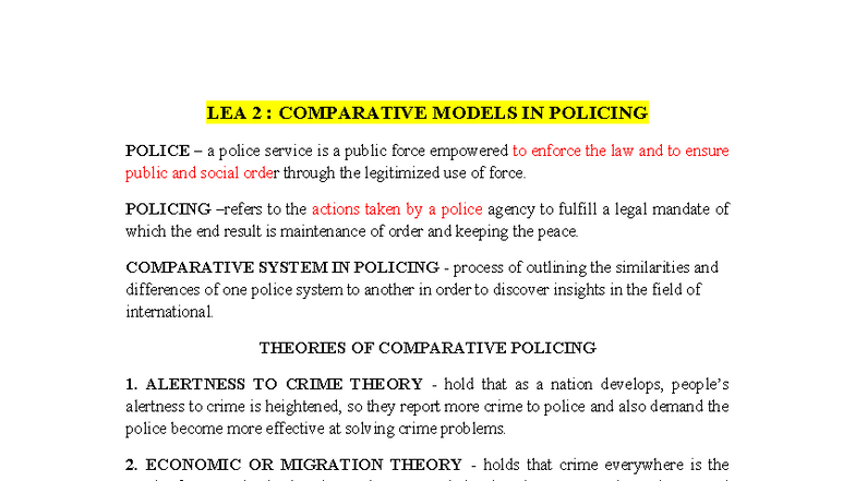LEA 2: Comparative Models in Policing - A Comprehensive Review - Studocu