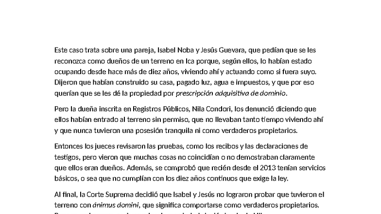 Caso de Prescripción Adquisitiva: Isabel Noba vs. Nila Condori - Studocu