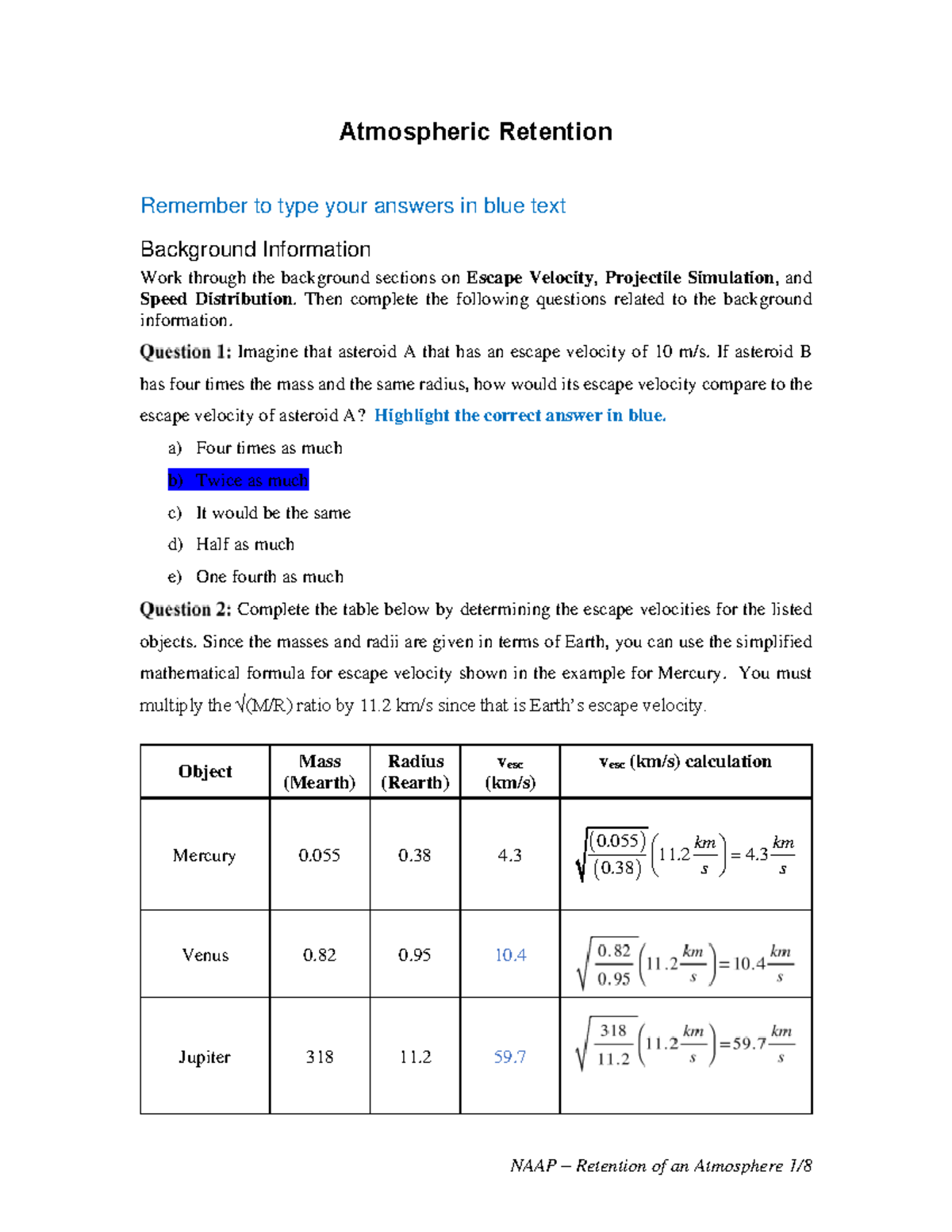 Lab 4 Atmospheric Retention - Atmospheric Retention Remember to type ...
